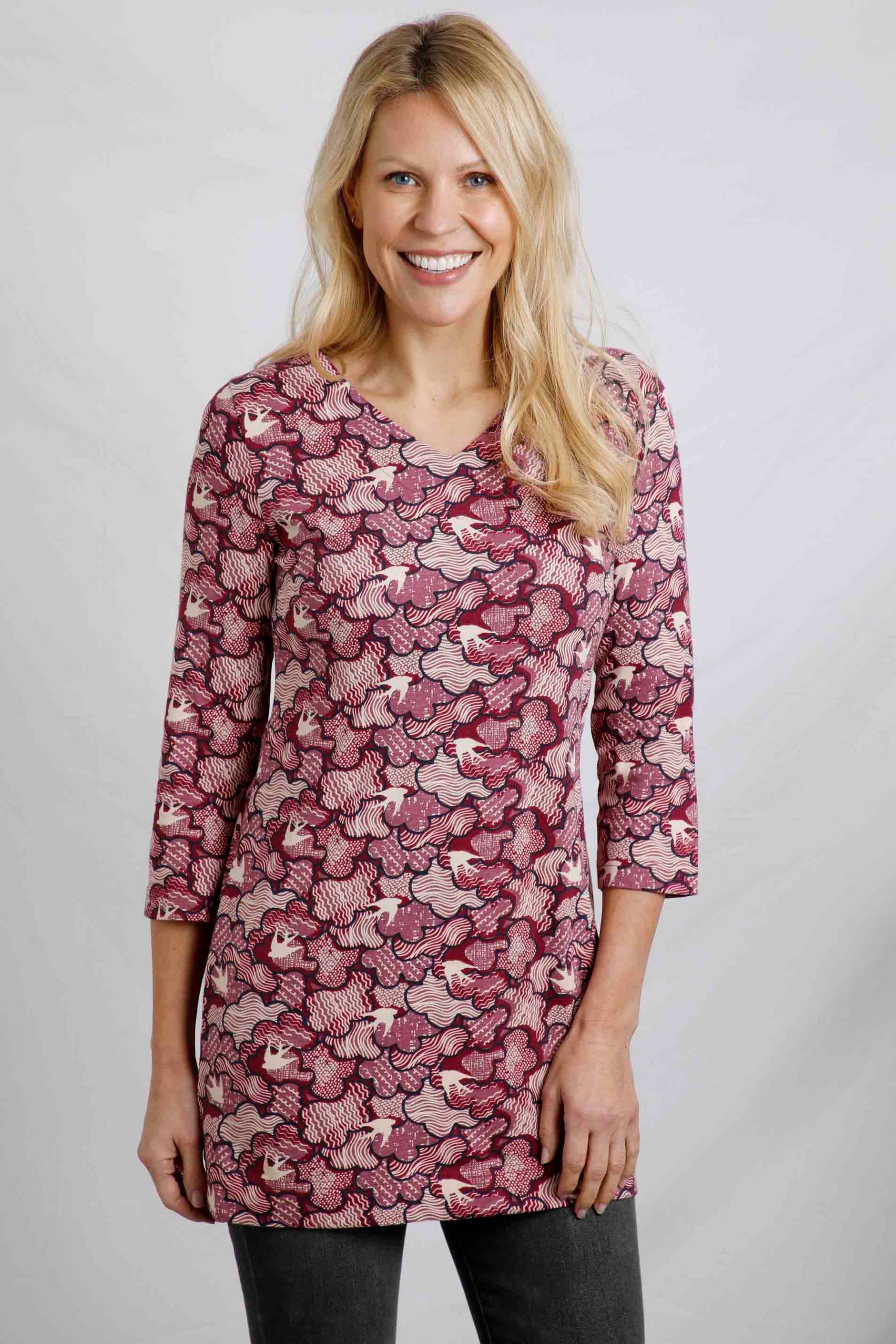 Kimberley Printed Jersey 3/4 Sleeve Tunic Dark Wine | Weird Fish