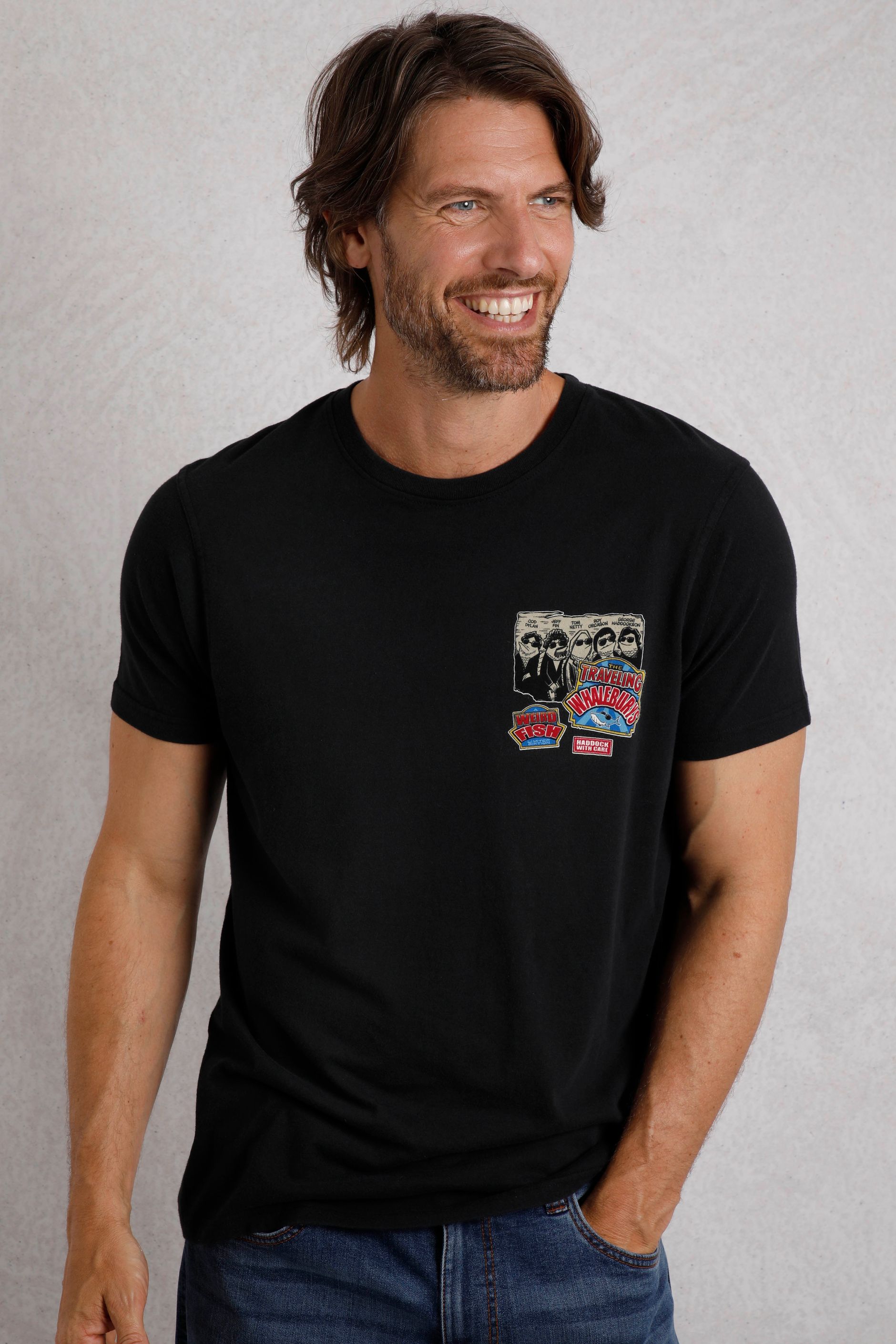 Travelling Whaleburys Back Print Artist T-Shirt Black | Weird Fish