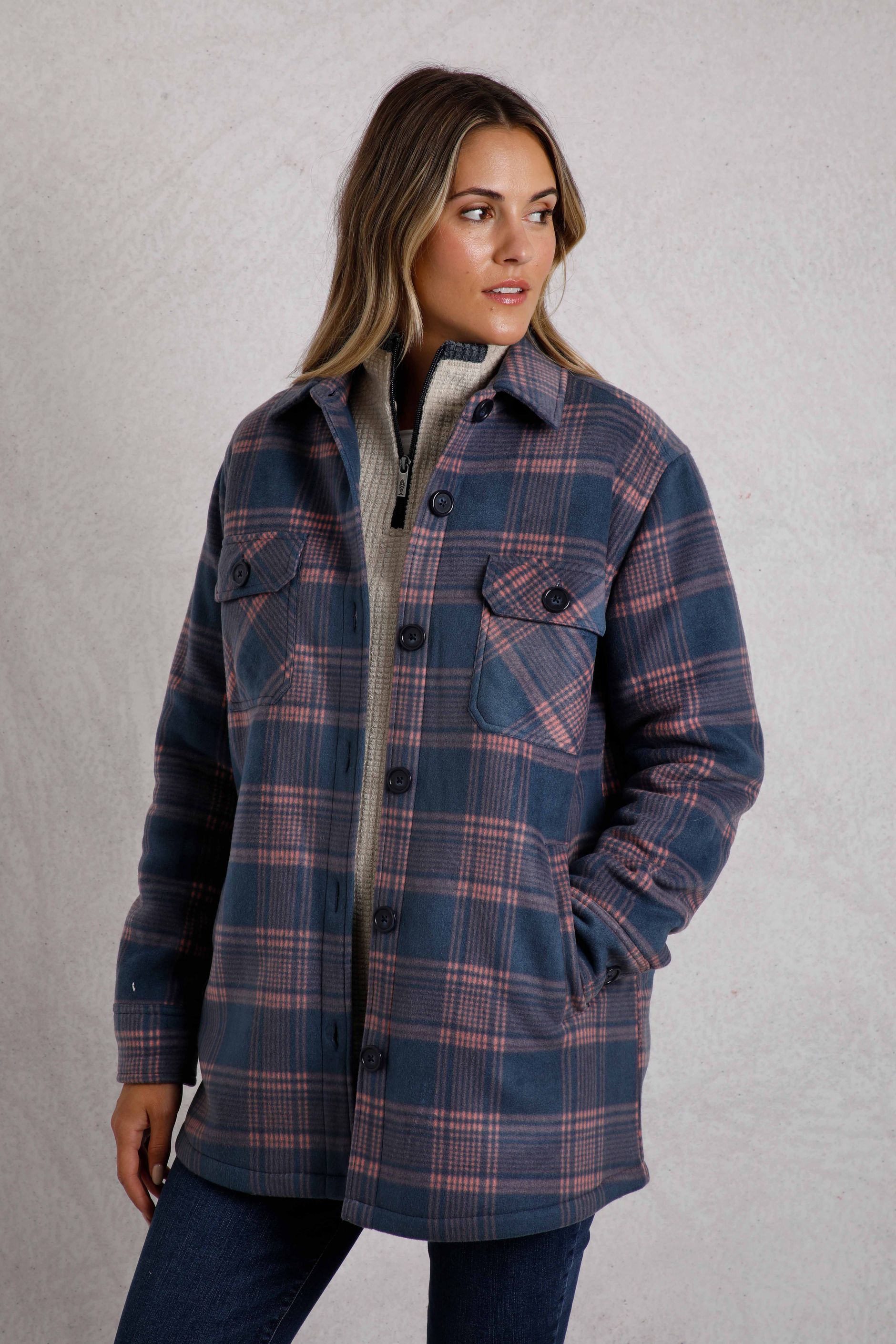 Autumn Oversized Check Fleece Shacket Blue Mirage | Weird Fish