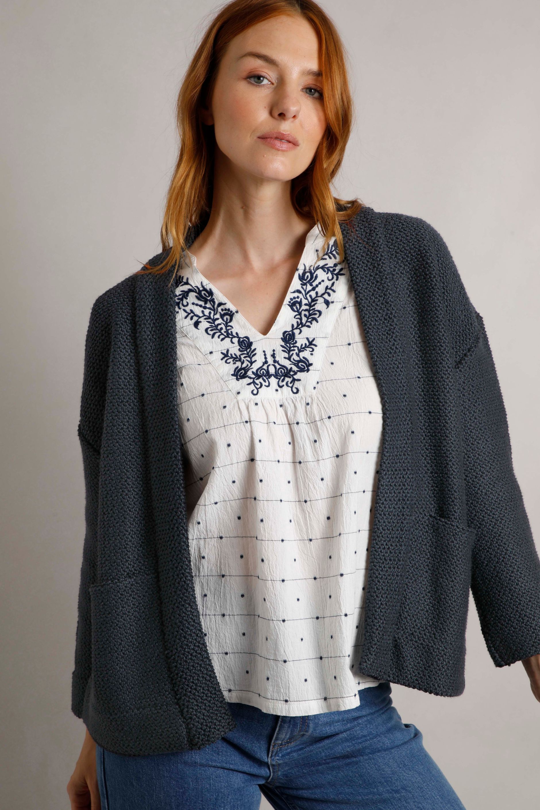 Santosh Cropped Eco Macaroni Kimono Cardigan Navy | Weird Fish