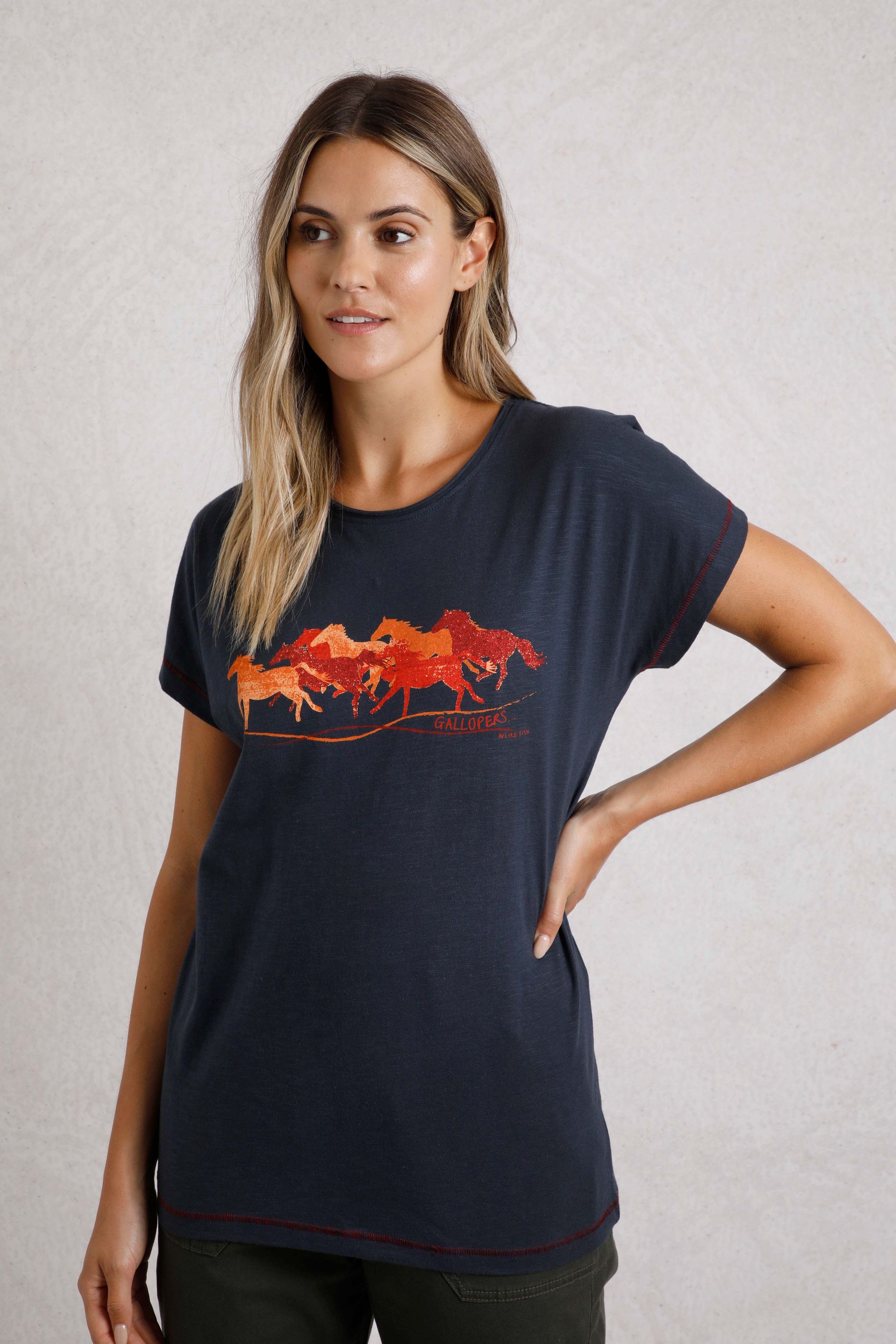 Gallopers Organic Cotton Front Print T-Shirt Navy | Weird Fish