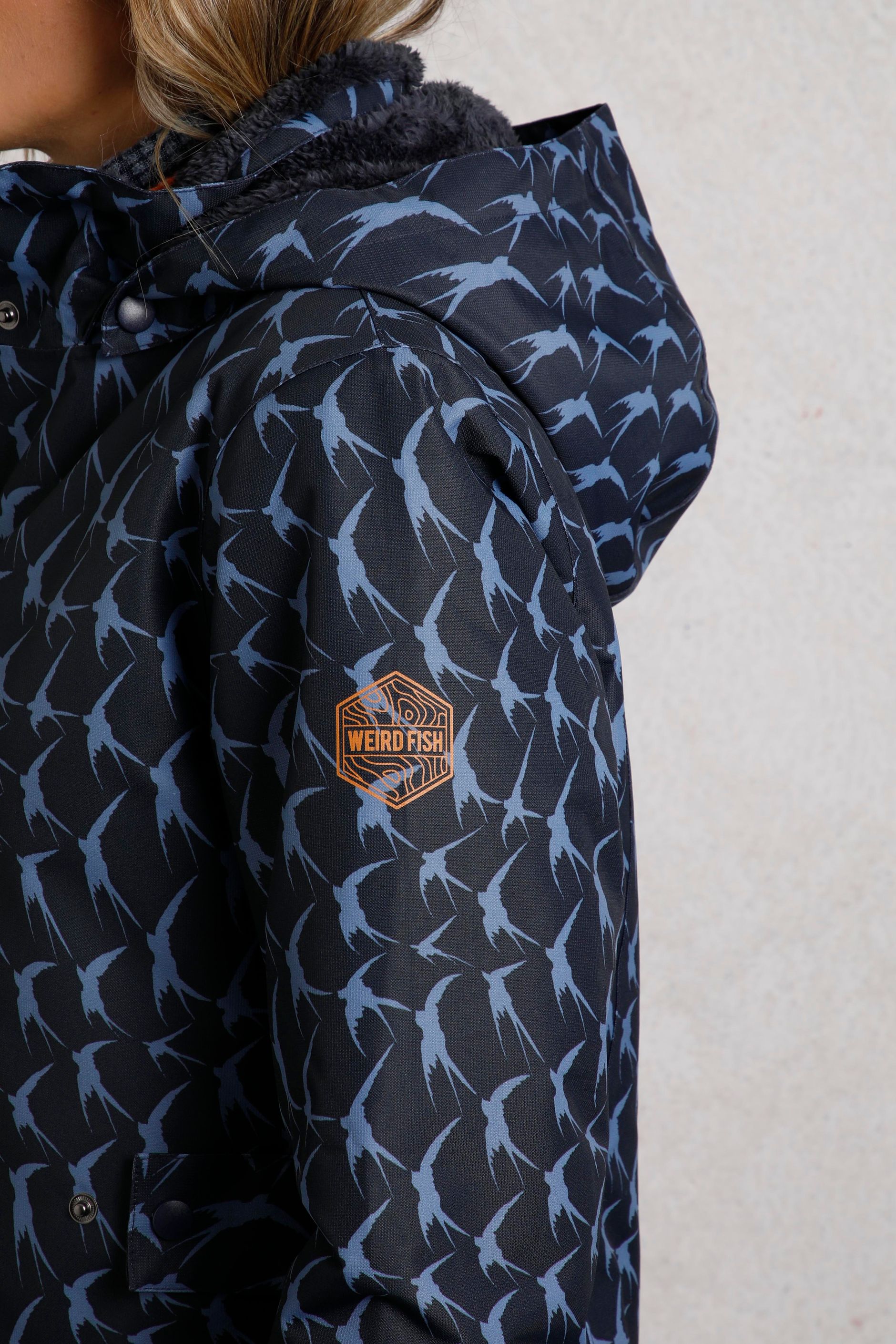 Sena Recycled Bird Print Waterproof Coat Dark Navy | Weird Fish