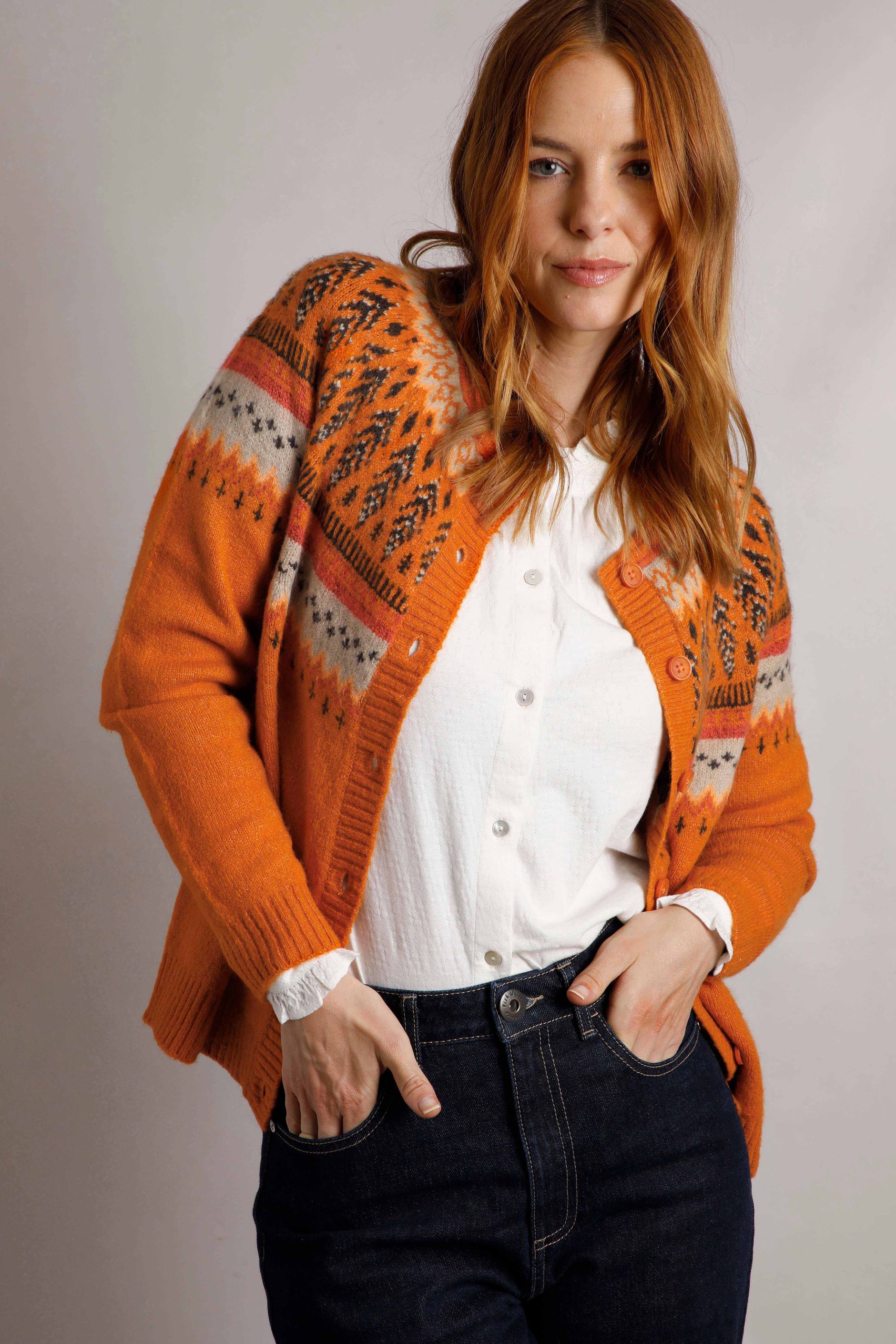 Hatty Eco Fair Isle Cardigan Brick Orange | Weird Fish