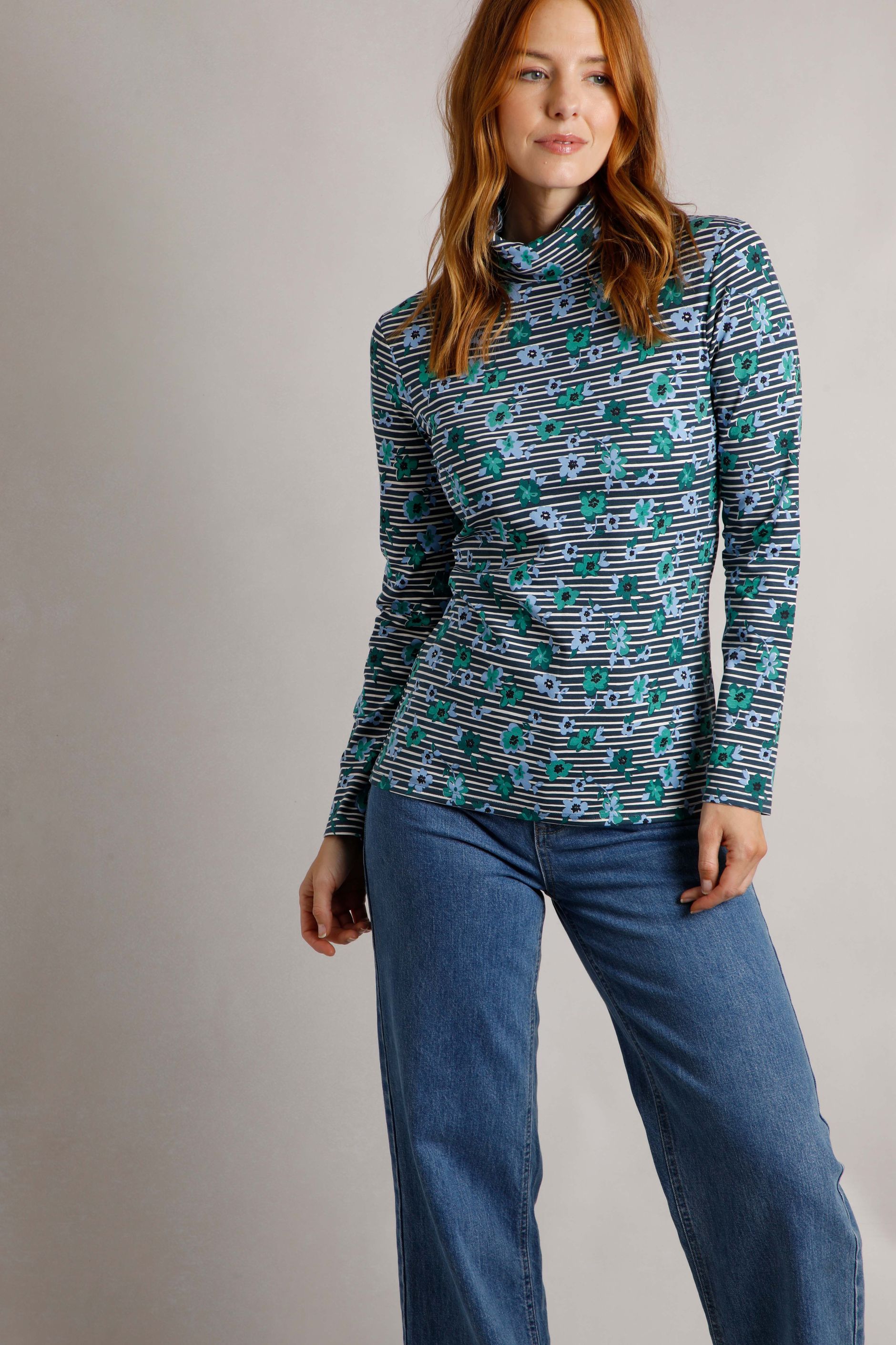 Elsie Roll Neck Striped Long Sleeve T-Shirt Navy | Weird Fish