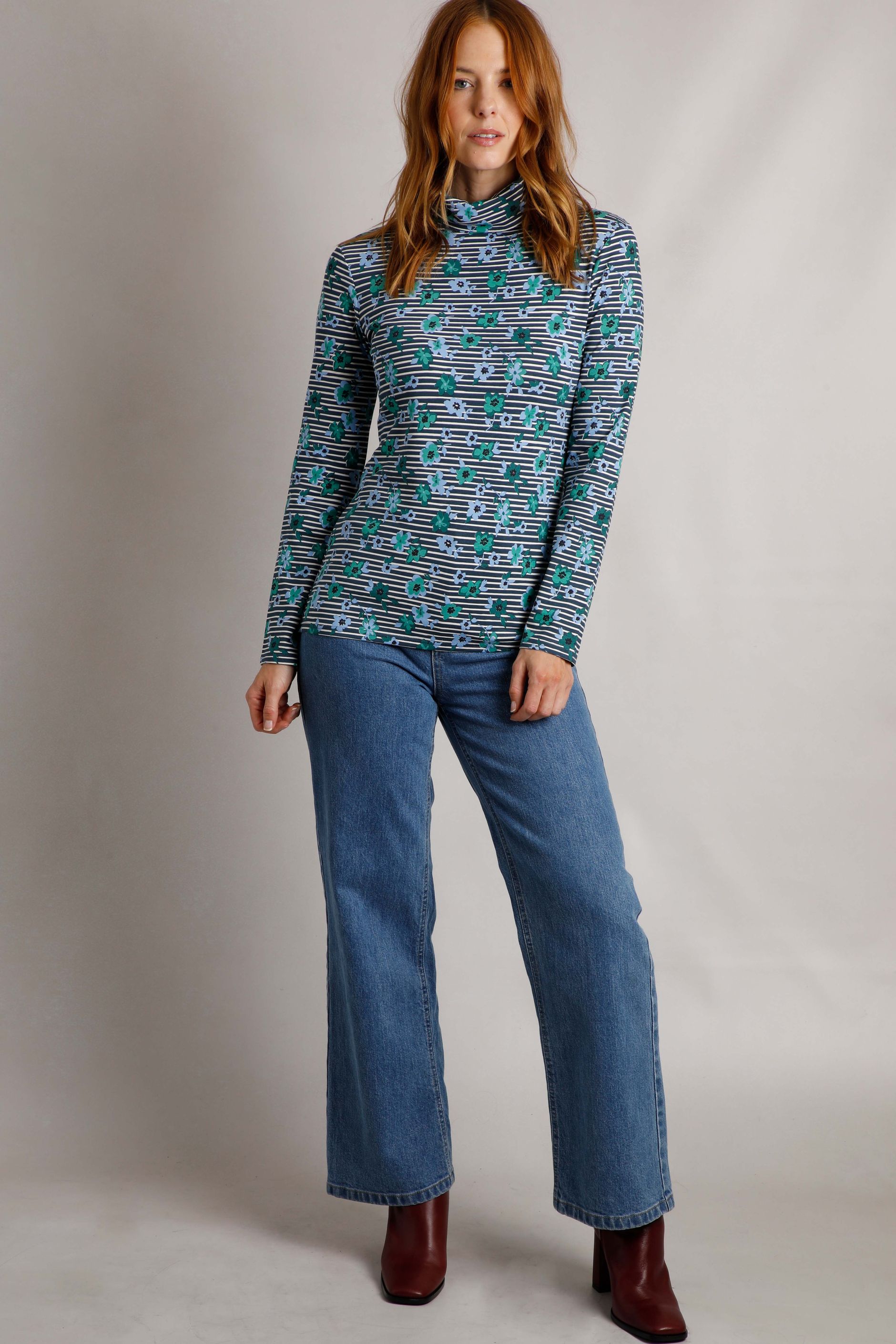 Elsie Roll Neck Striped Long Sleeve T-Shirt Navy | Weird Fish