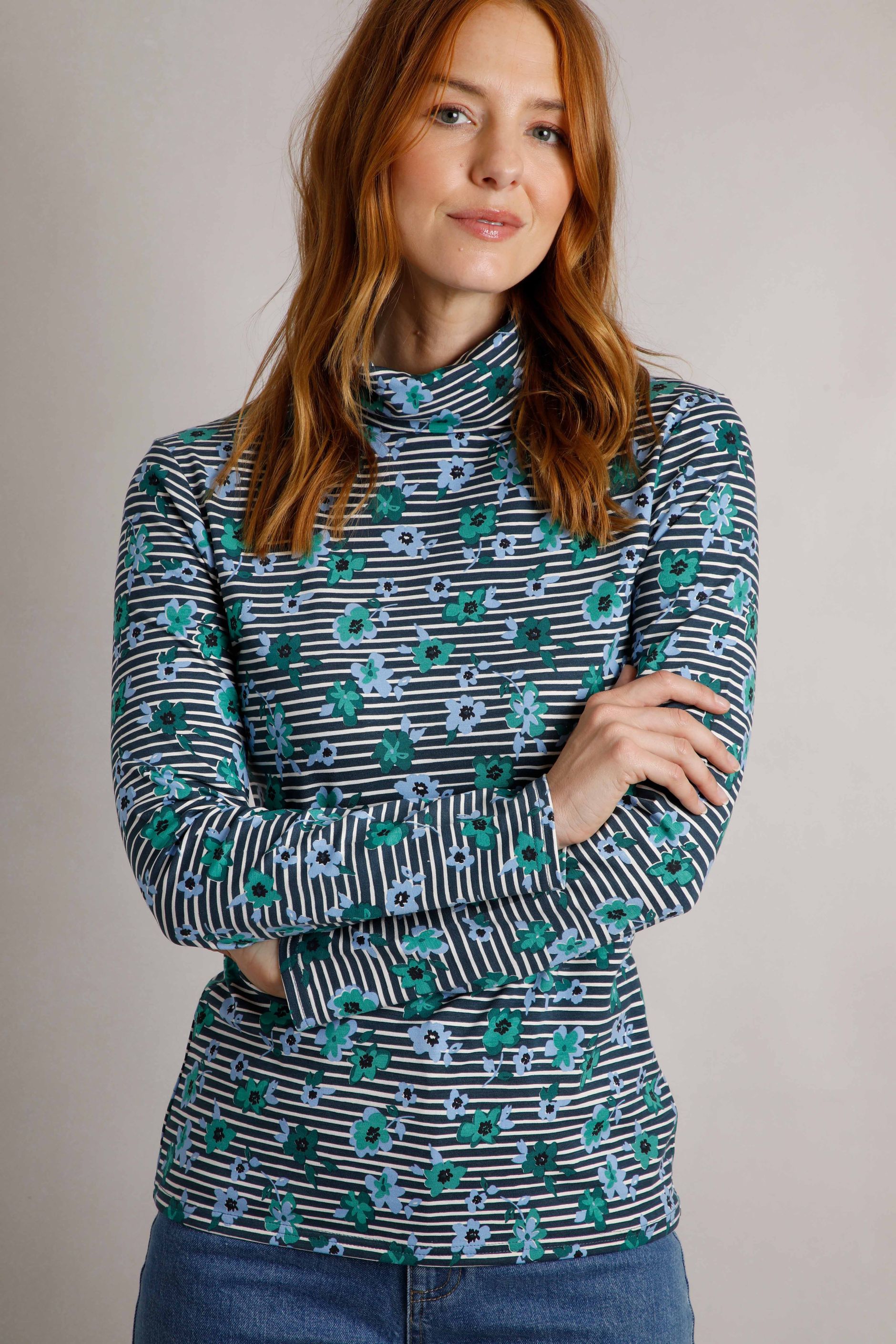 Elsie Roll Neck Striped Long Sleeve T-Shirt Navy | Weird Fish