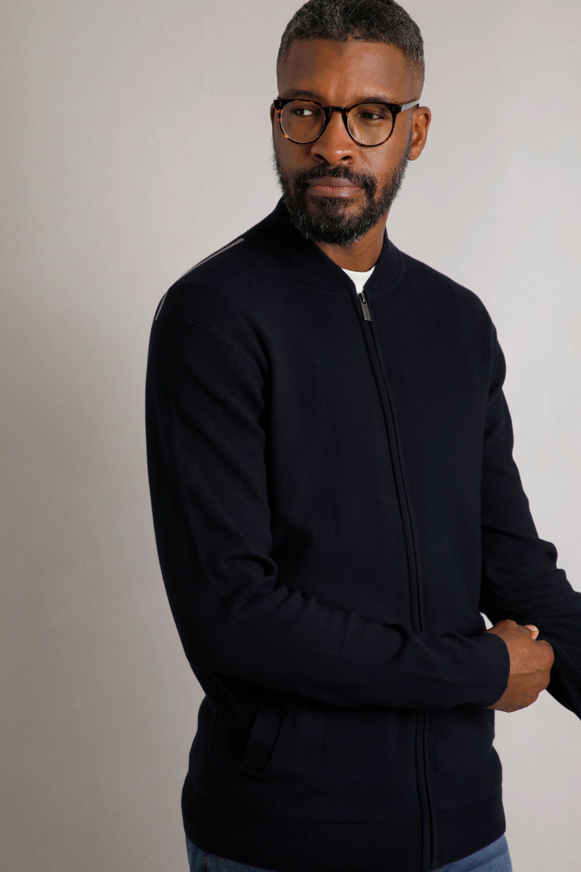 Carter Knitted Full Zip Bomber Jacket Midnight | Weird Fish