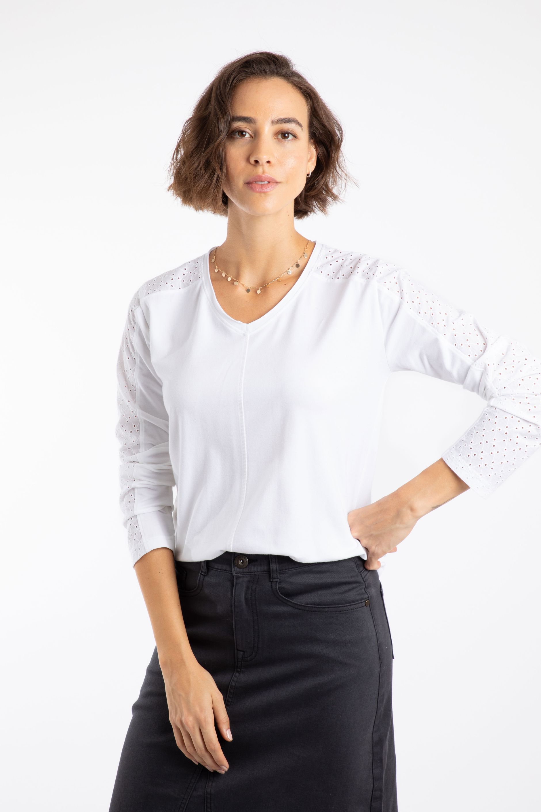 Topia Organic Cotton Broderie Sleeve Outfitter Top White | Weird Fish