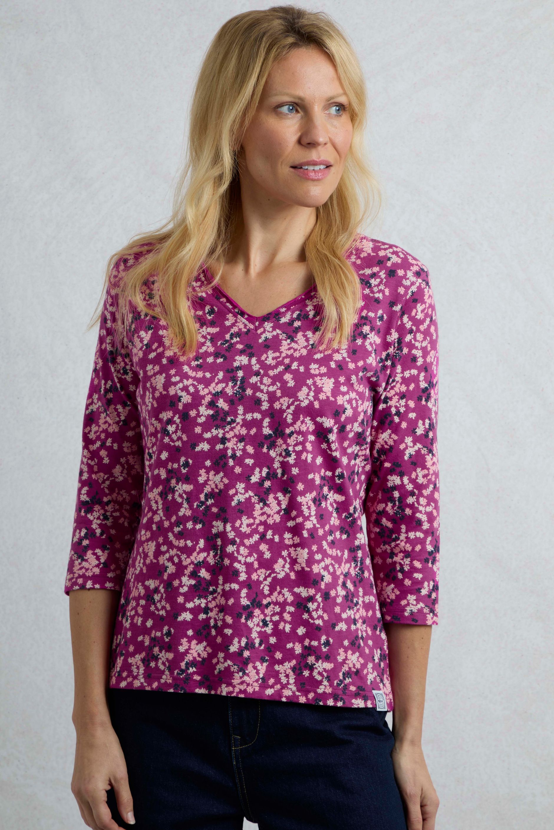 Laveda Organic Cotton Printed Slub Jersey T-Shirt Dark Raspberry ...