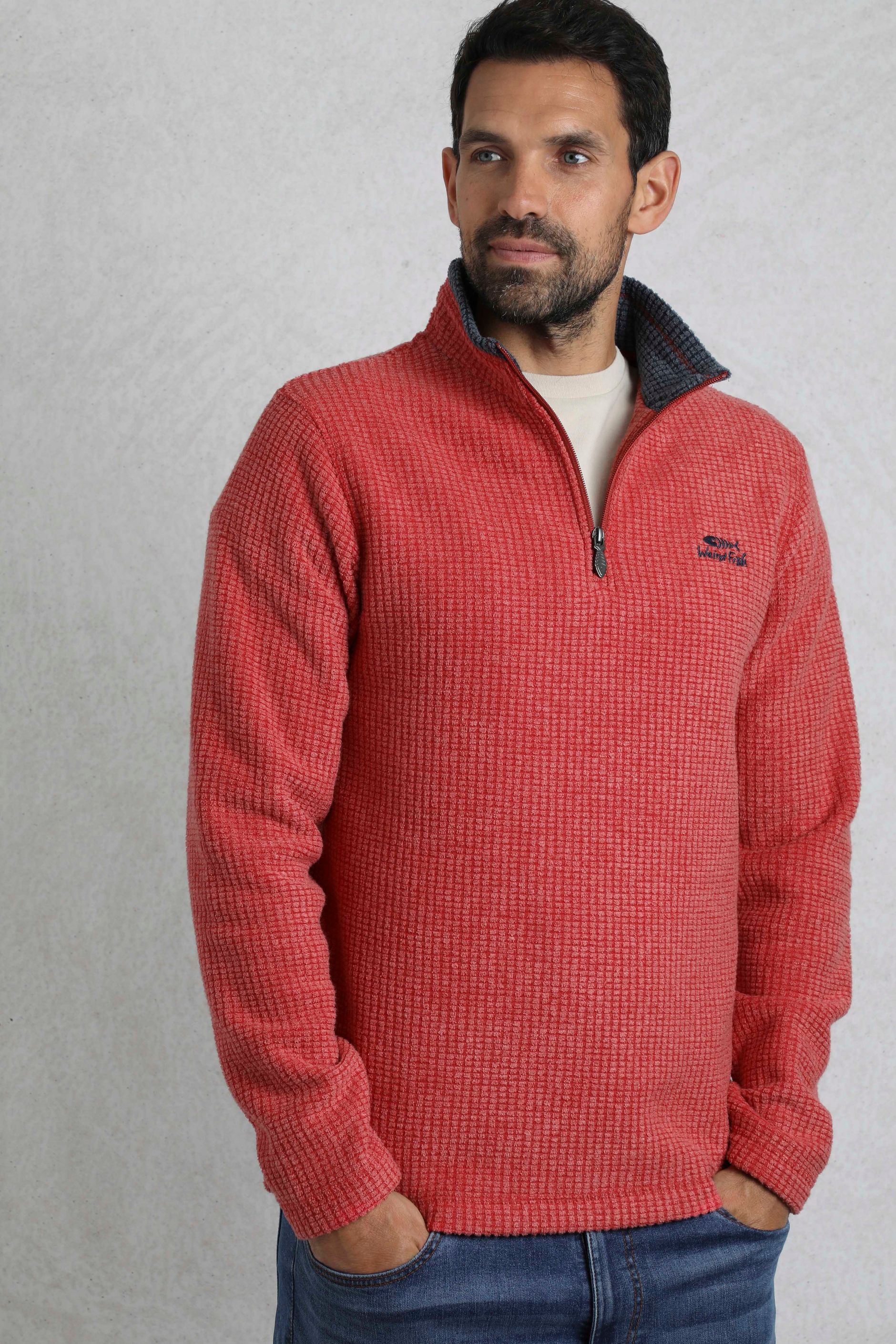 Newark Eco 1/4 Zip Grid Fleece Barberry Red Marl | Weird Fish