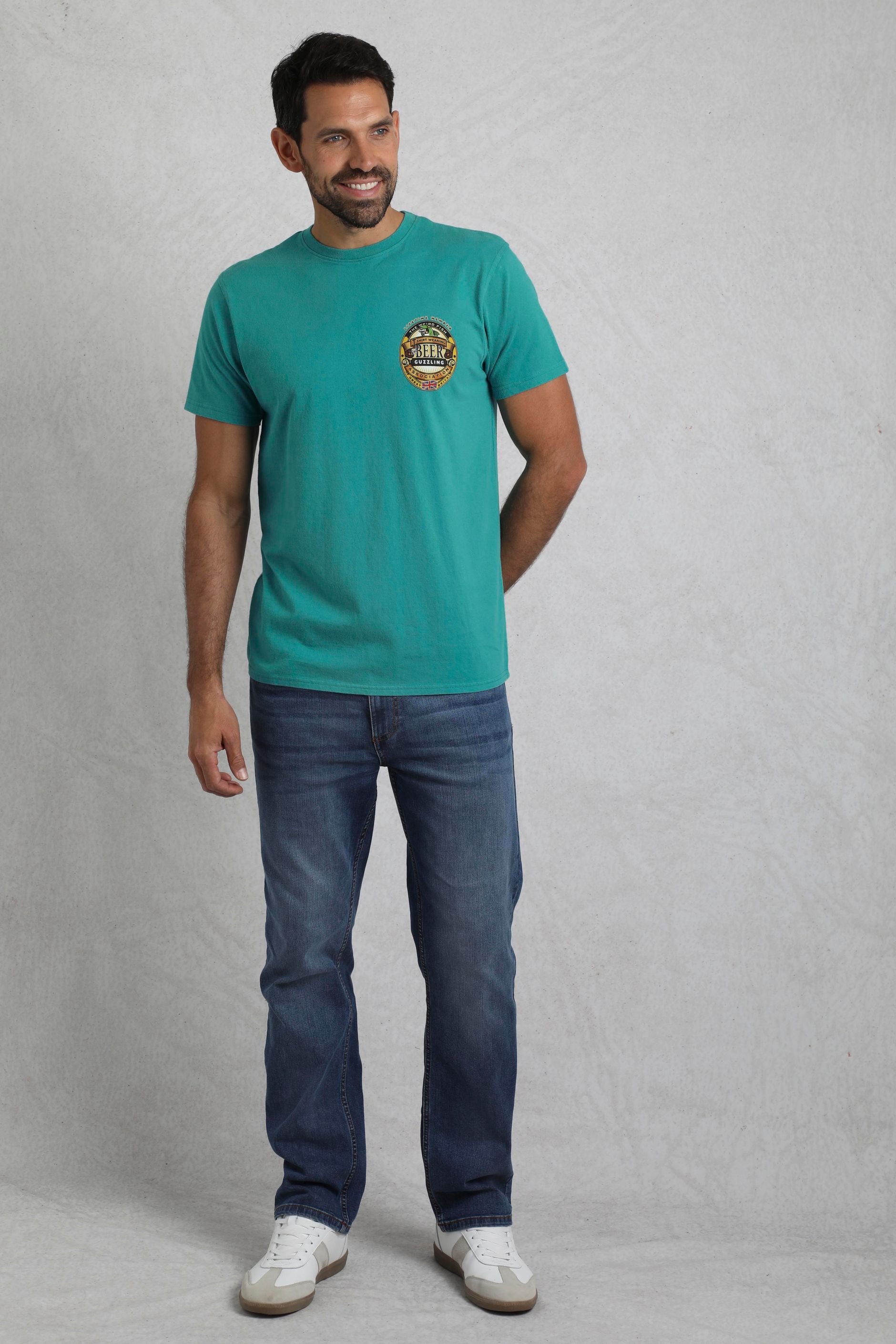 Beer Guzzling Back Print Artist T-Shirt Viridis | Weird Fish