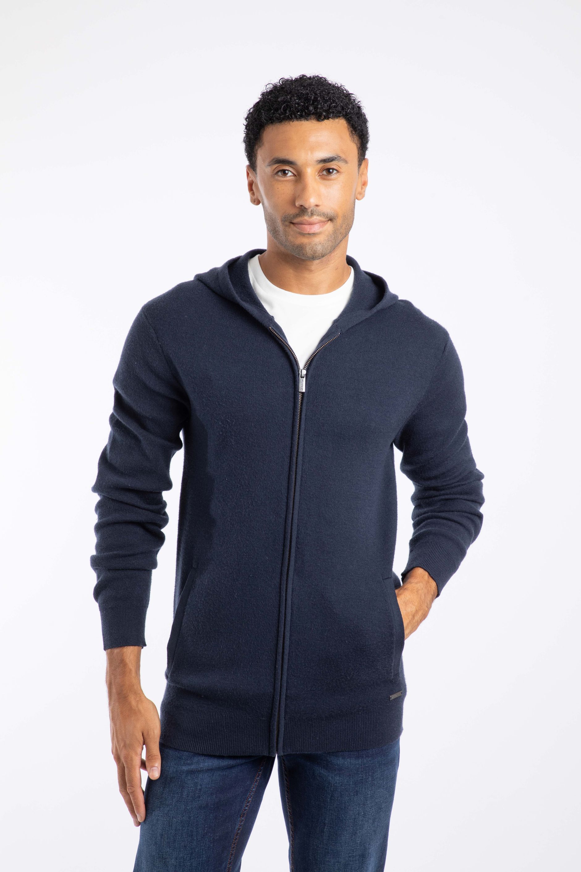 Samuel Knitted Full Zip Hooded Jumper Navy | Weird Fish