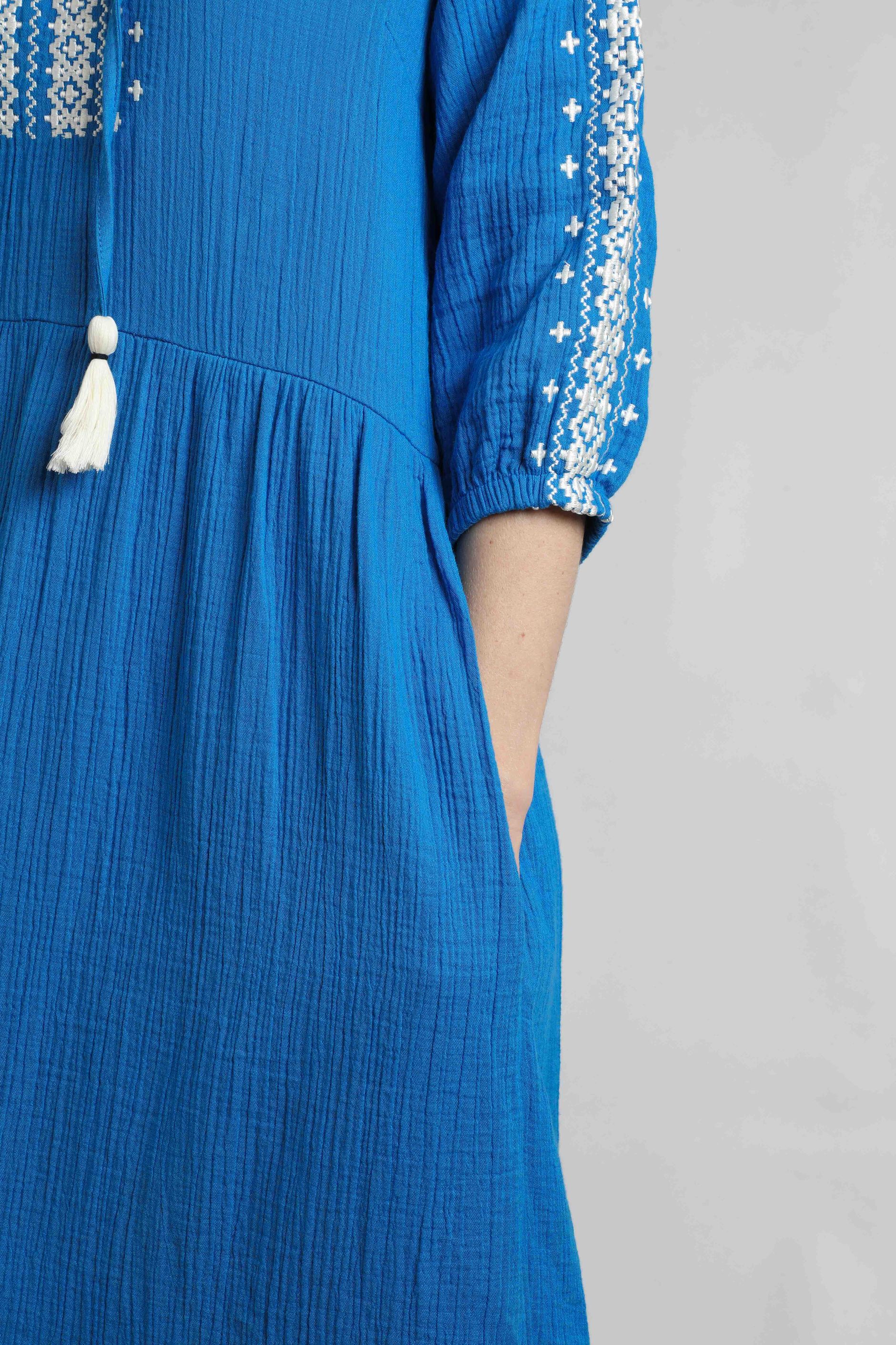 Arles Organic Cotton Embroidered Double Cloth Dress Adriatic Blue ...