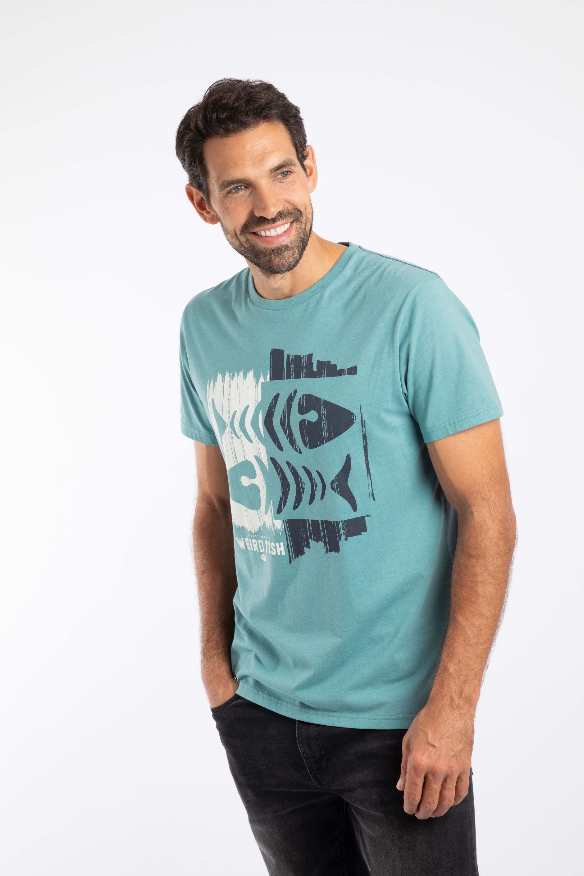 Double Fish Front Print Eco Graphic T-Shirt Smoked Blue | Weird Fish