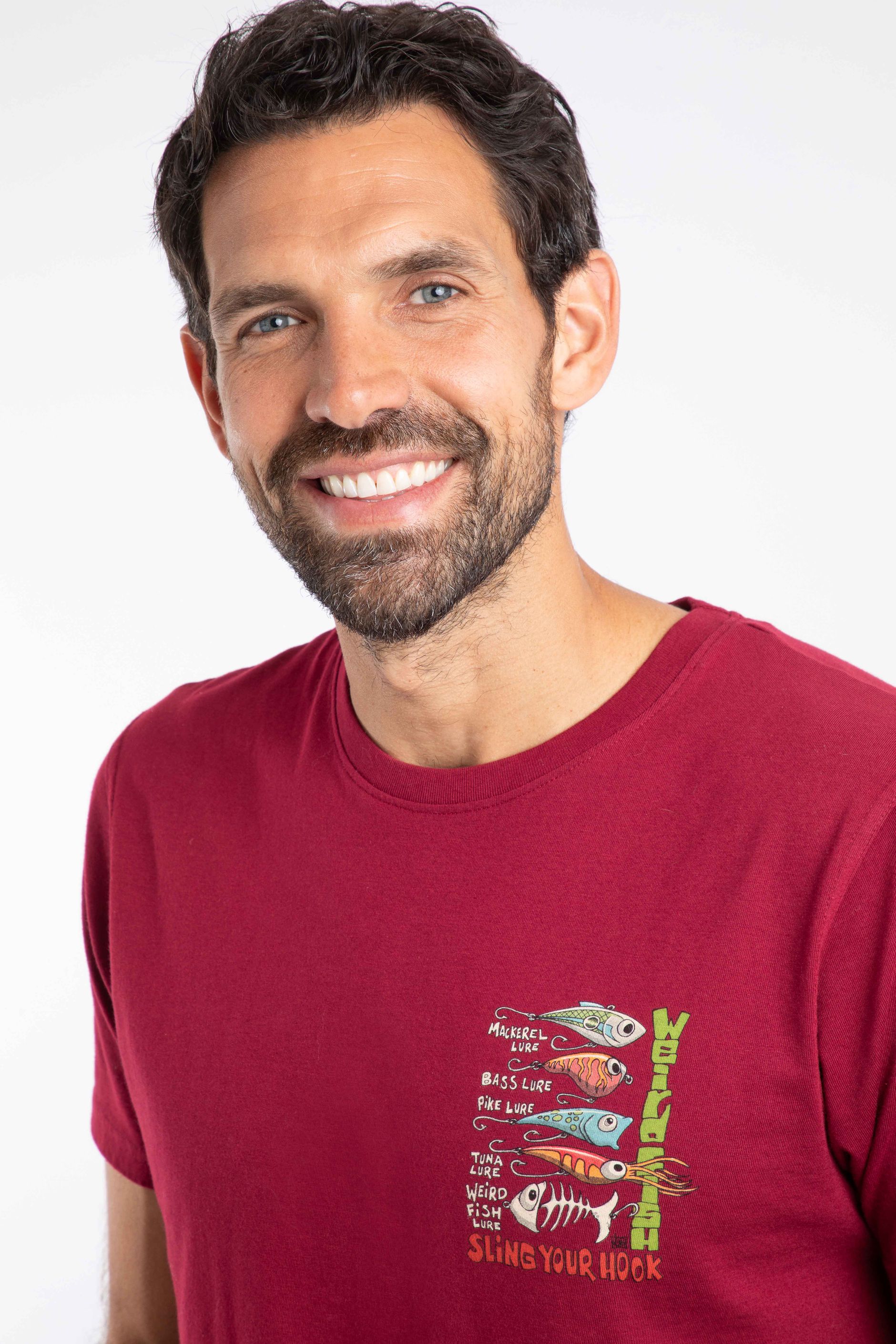 Sling Your Hook Back Print Artist T-Shirt Garnet | Weird Fish
