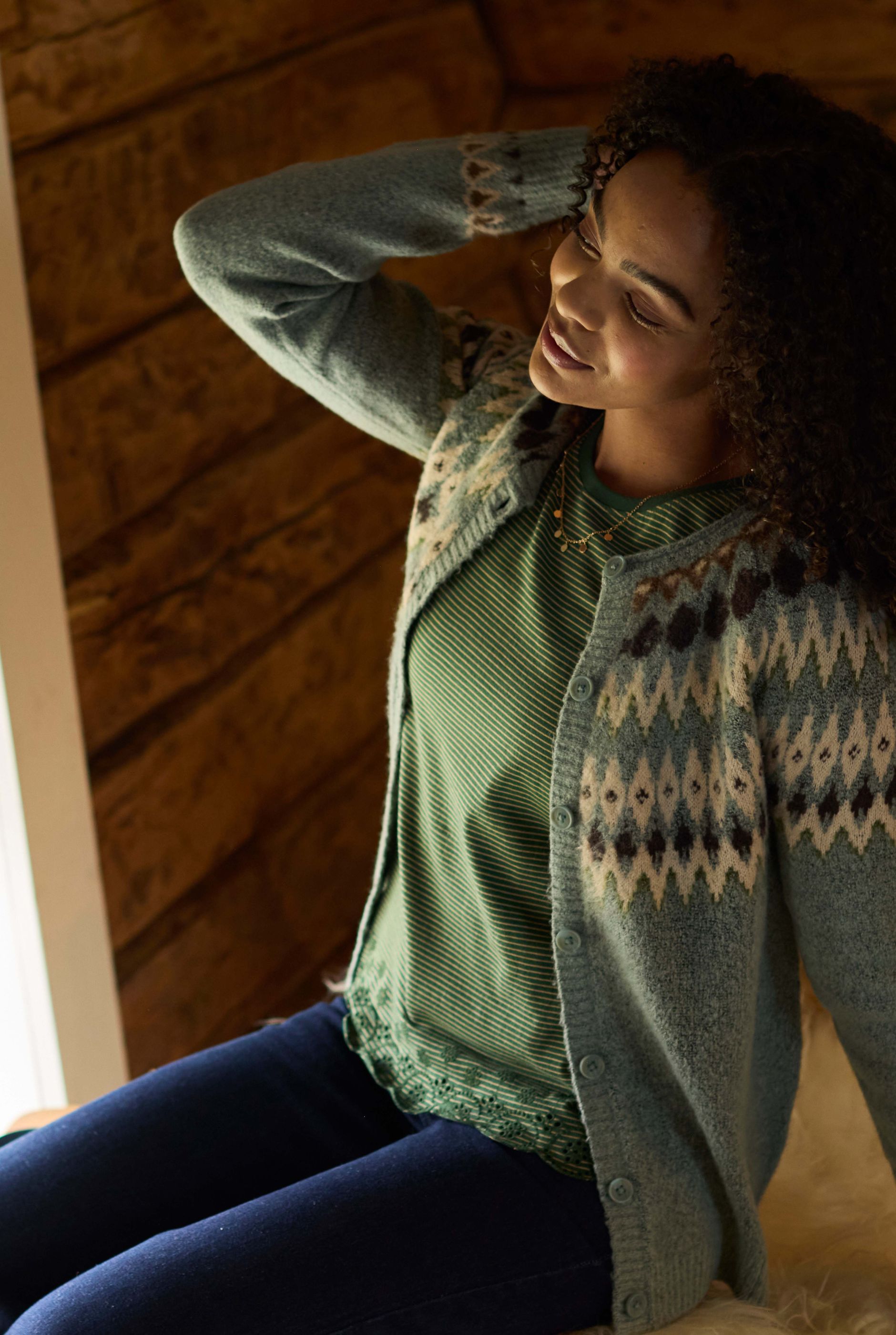 Raven Organic Cotton Striped Shiffli Hem Top Army Green | Weird Fish