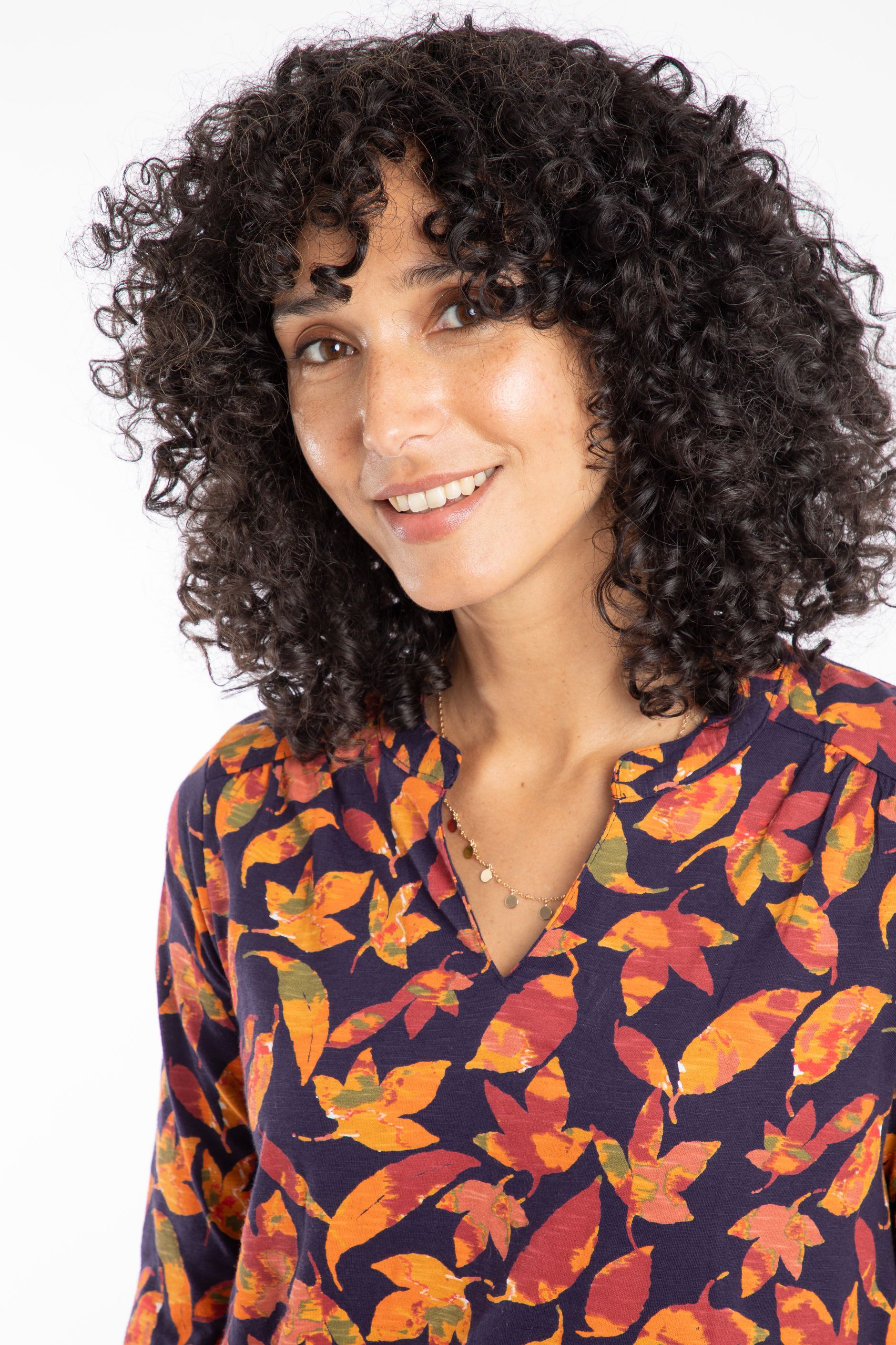 Brooke Organic Cotton Printed V Neck Jersey Top Night Blue | Weird Fish