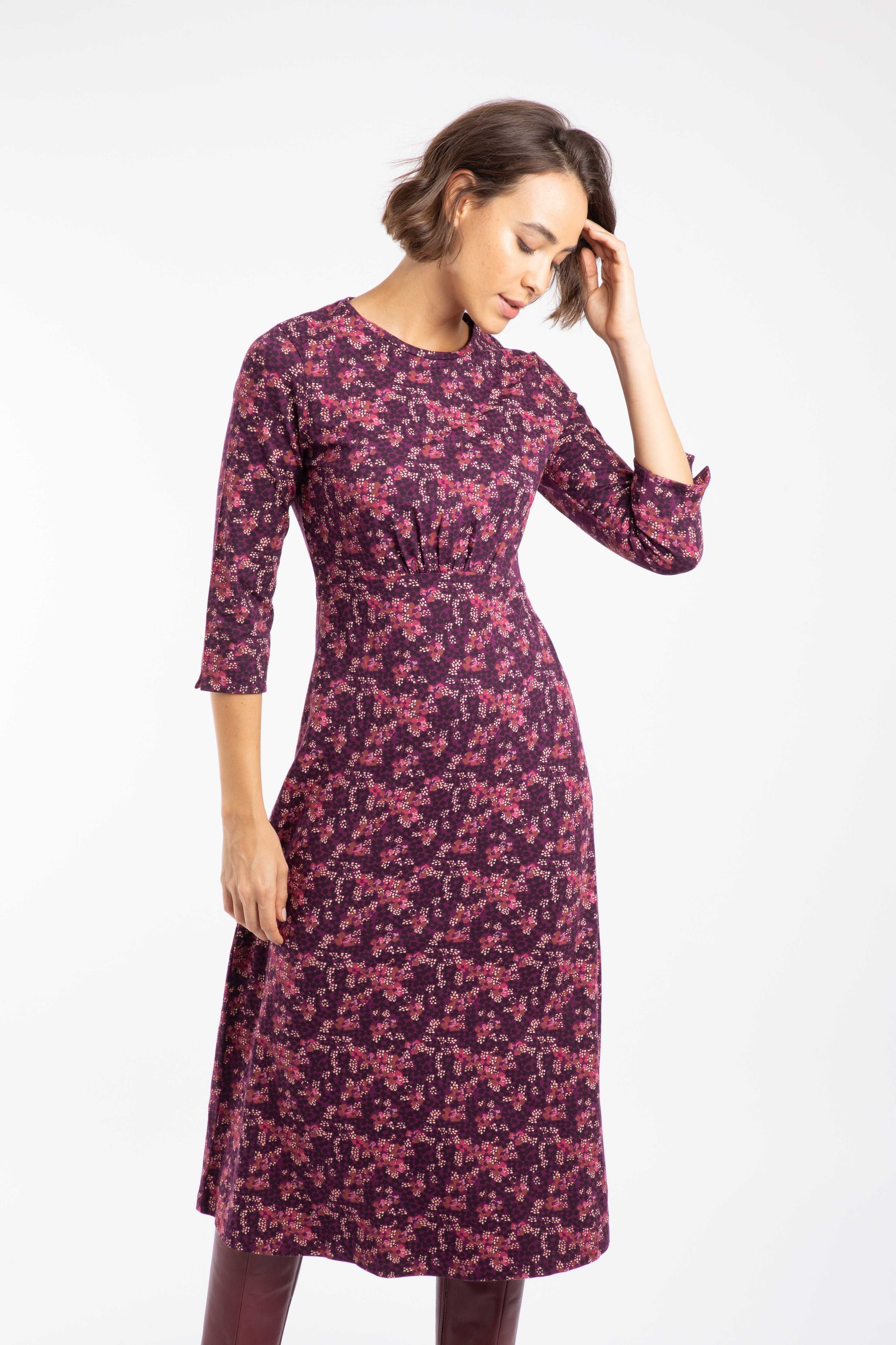 Felicity Organic Cotton Printed Jersey Midi Dress Purple Wine | Weird Fish