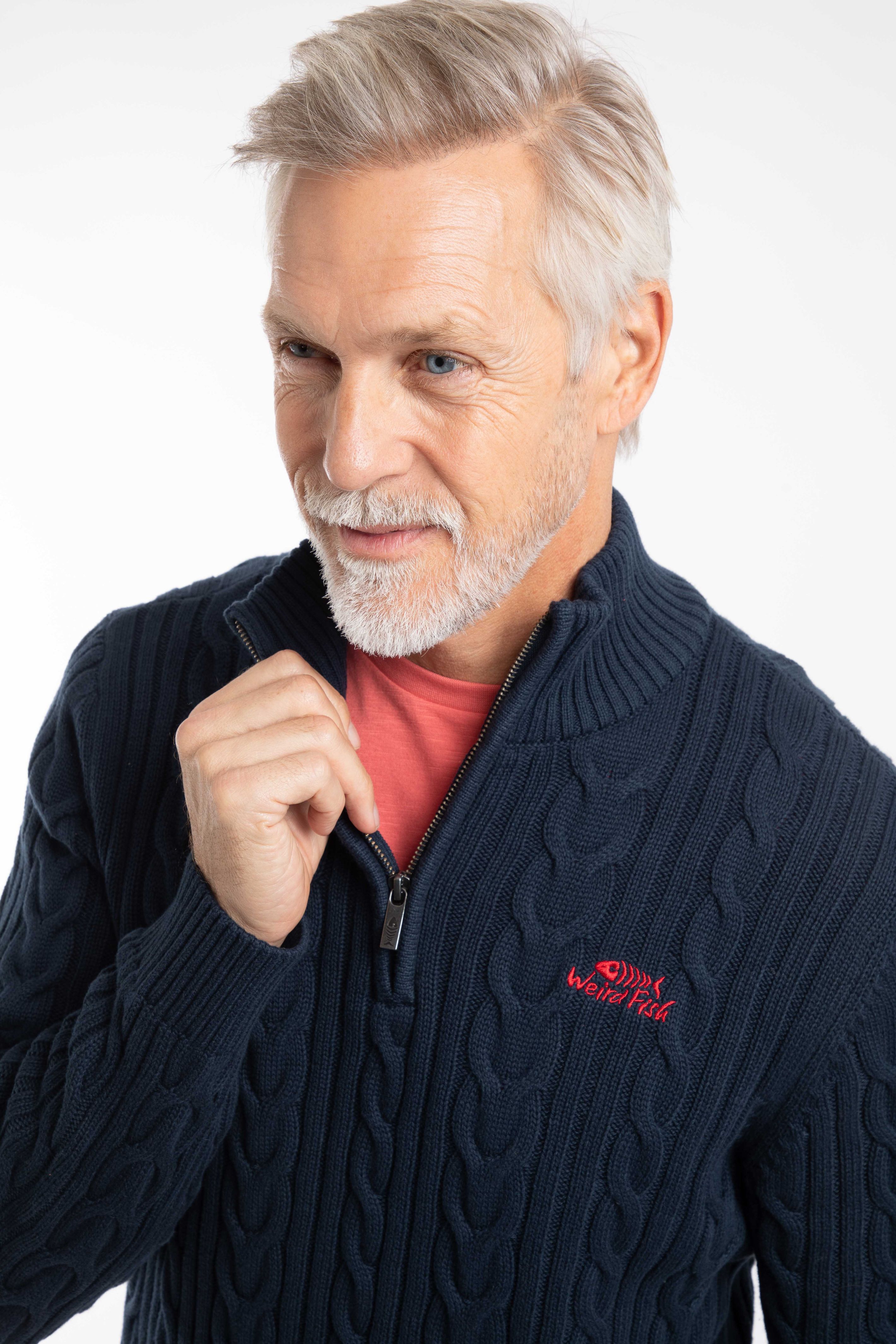 Heath 1/4 Zip Cable Knit Jumper Navy | Weird Fish