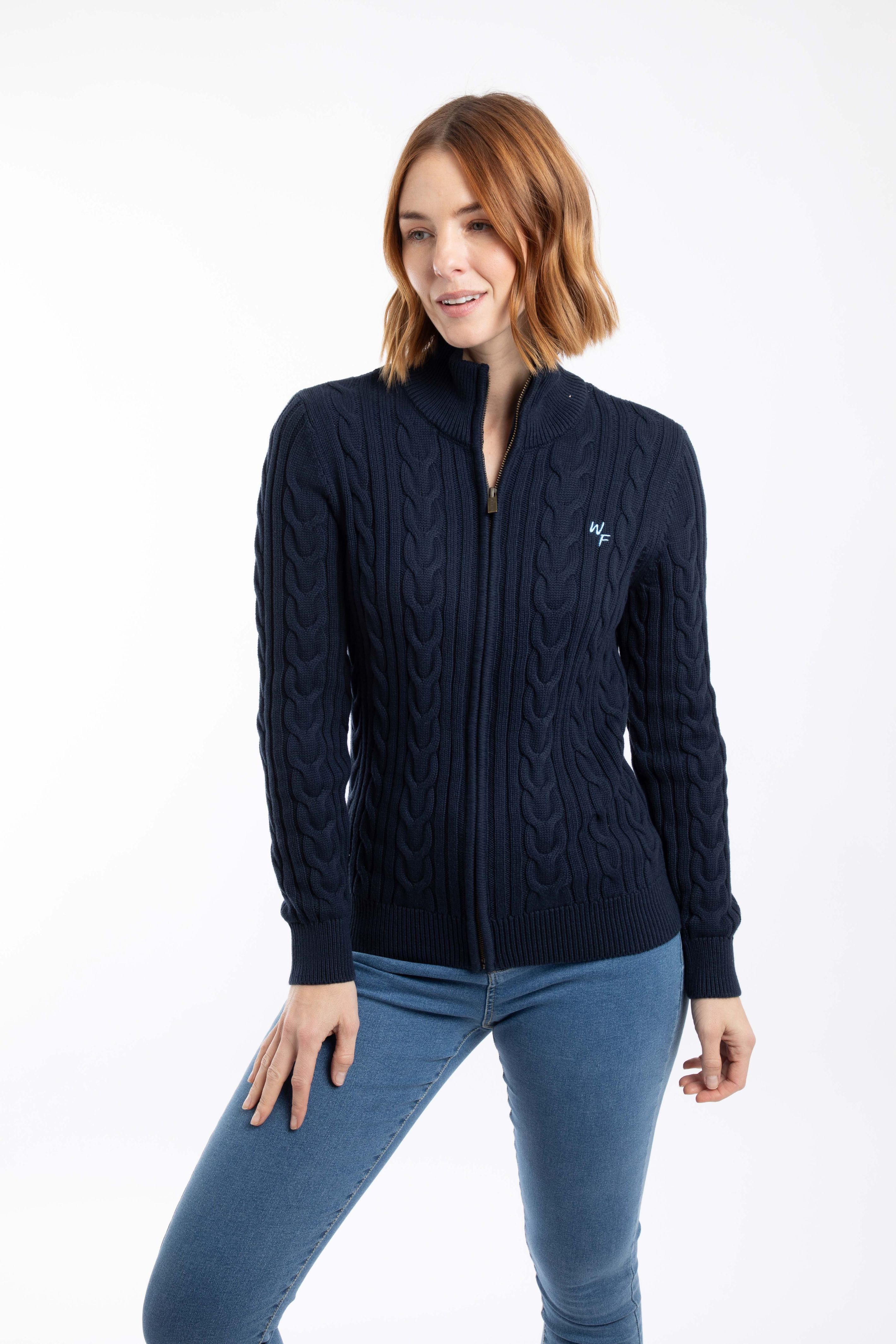 Lunenne Full Zip Cable Knit Navy | Weird Fish