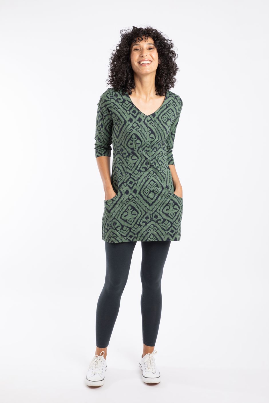 Arielle Eco Printed Jersey 3/4 Sleeve Tunic Army Green | Weird Fish