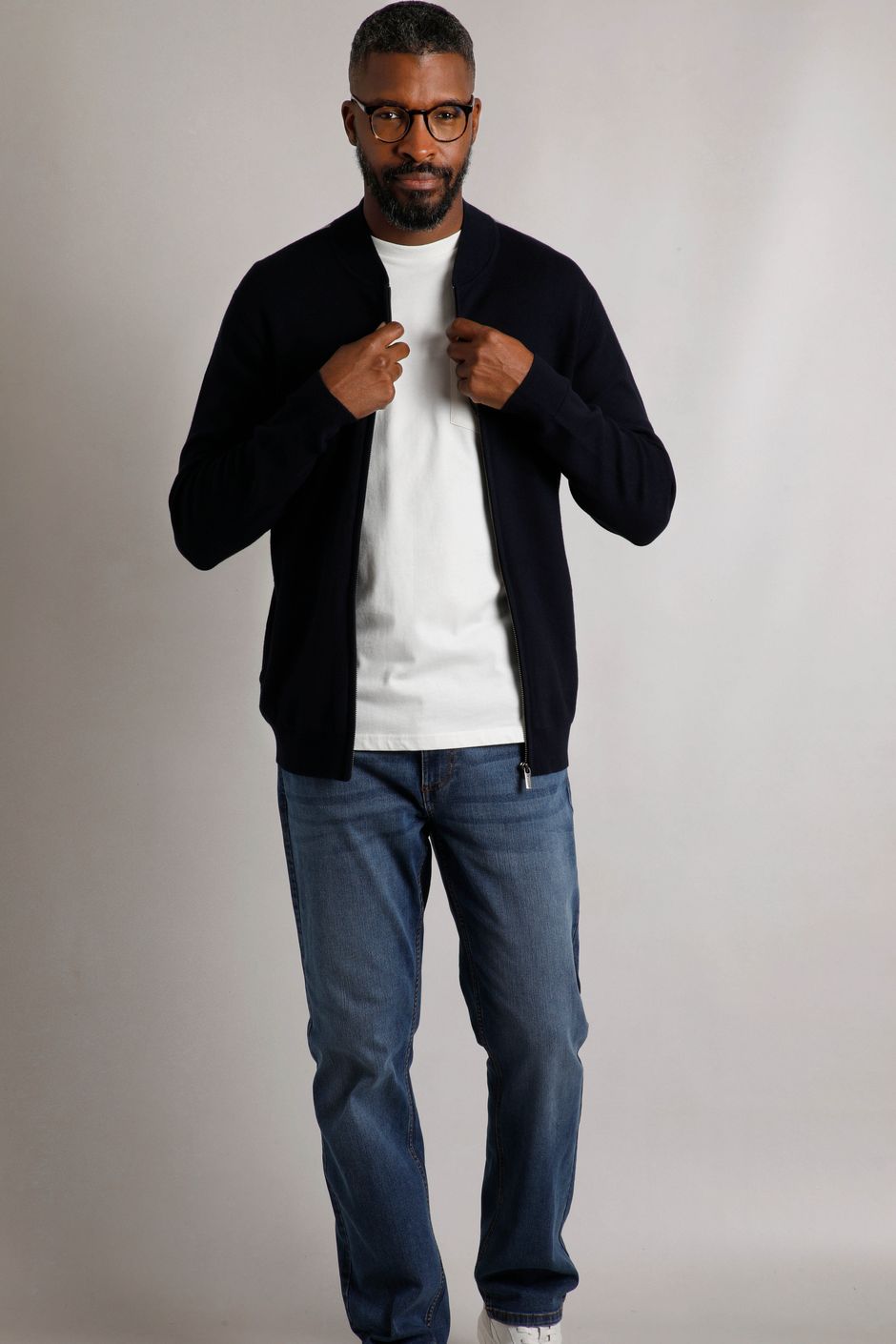 Carter Knitted Full Zip Bomber Jacket Midnight | Weird Fish