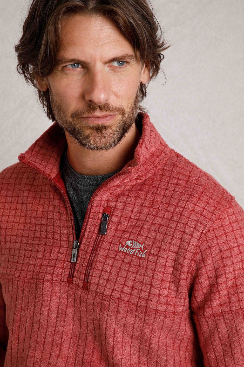 Longmont Eco 1/4 Zip Stripe Grid Fleece Barberry Red Marl | Weird Fish