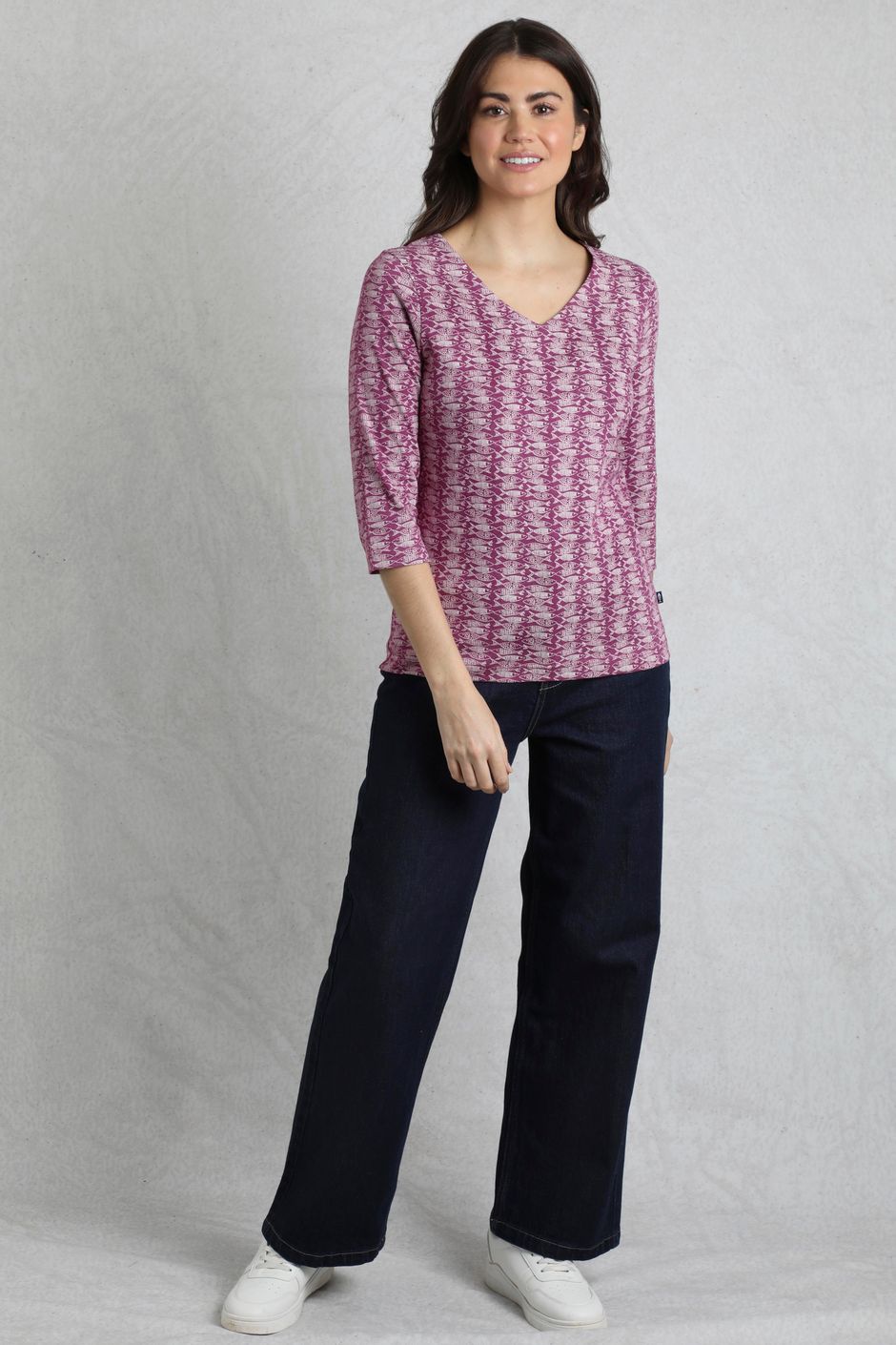 Nanaimo 3/4 Sleeve Organic Cotton Printed Top Dark Raspberry | Weird Fish