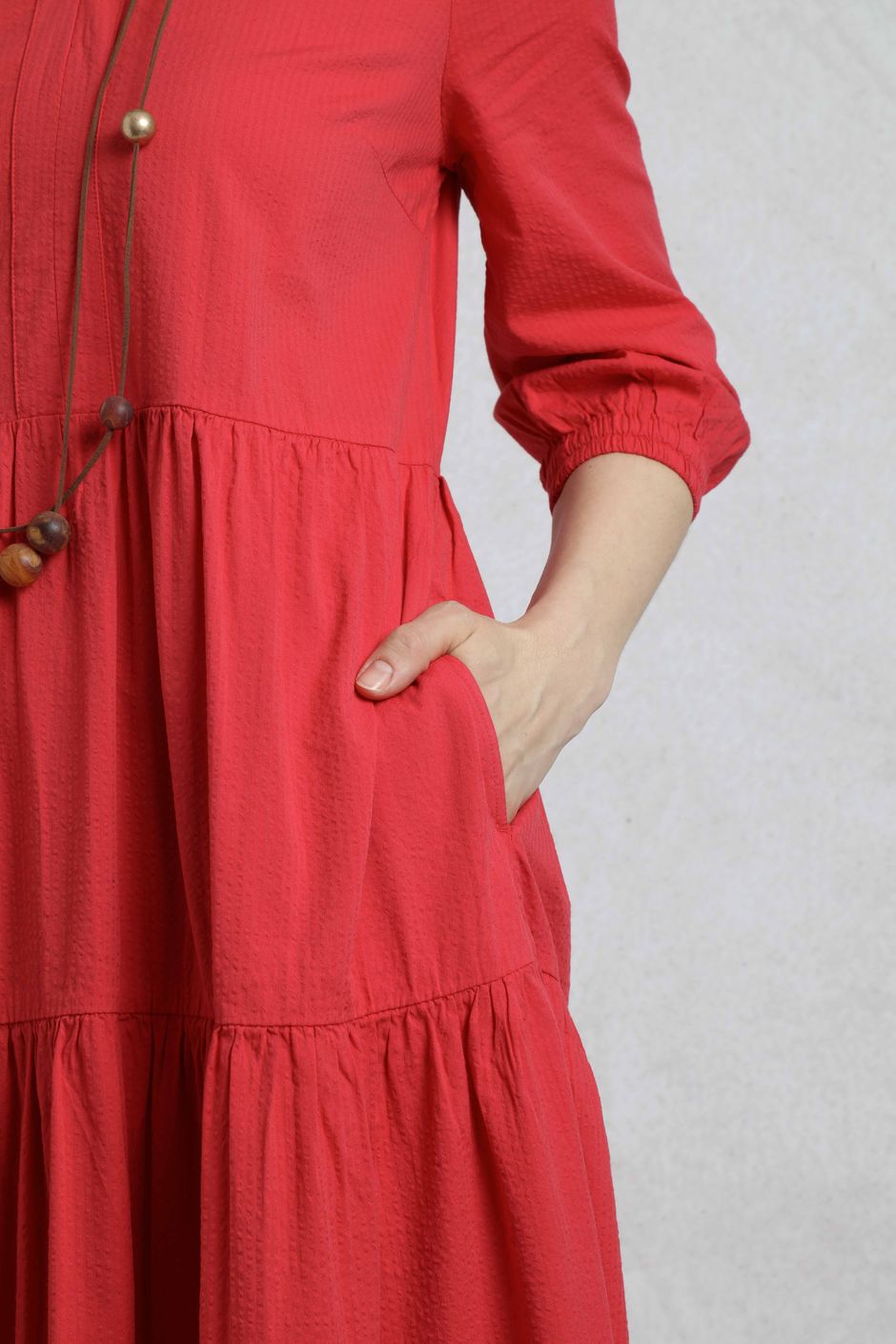 Margo Seersucker Tiered Midi Dress Crimson | Weird Fish