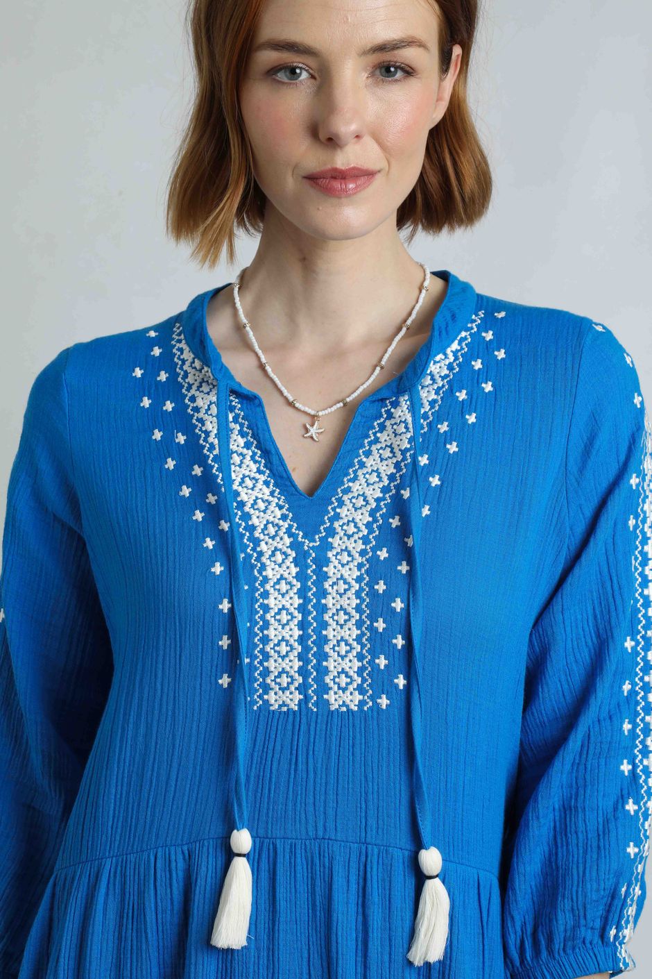 Arles Organic Cotton Embroidered Double Cloth Dress Adriatic Blue ...