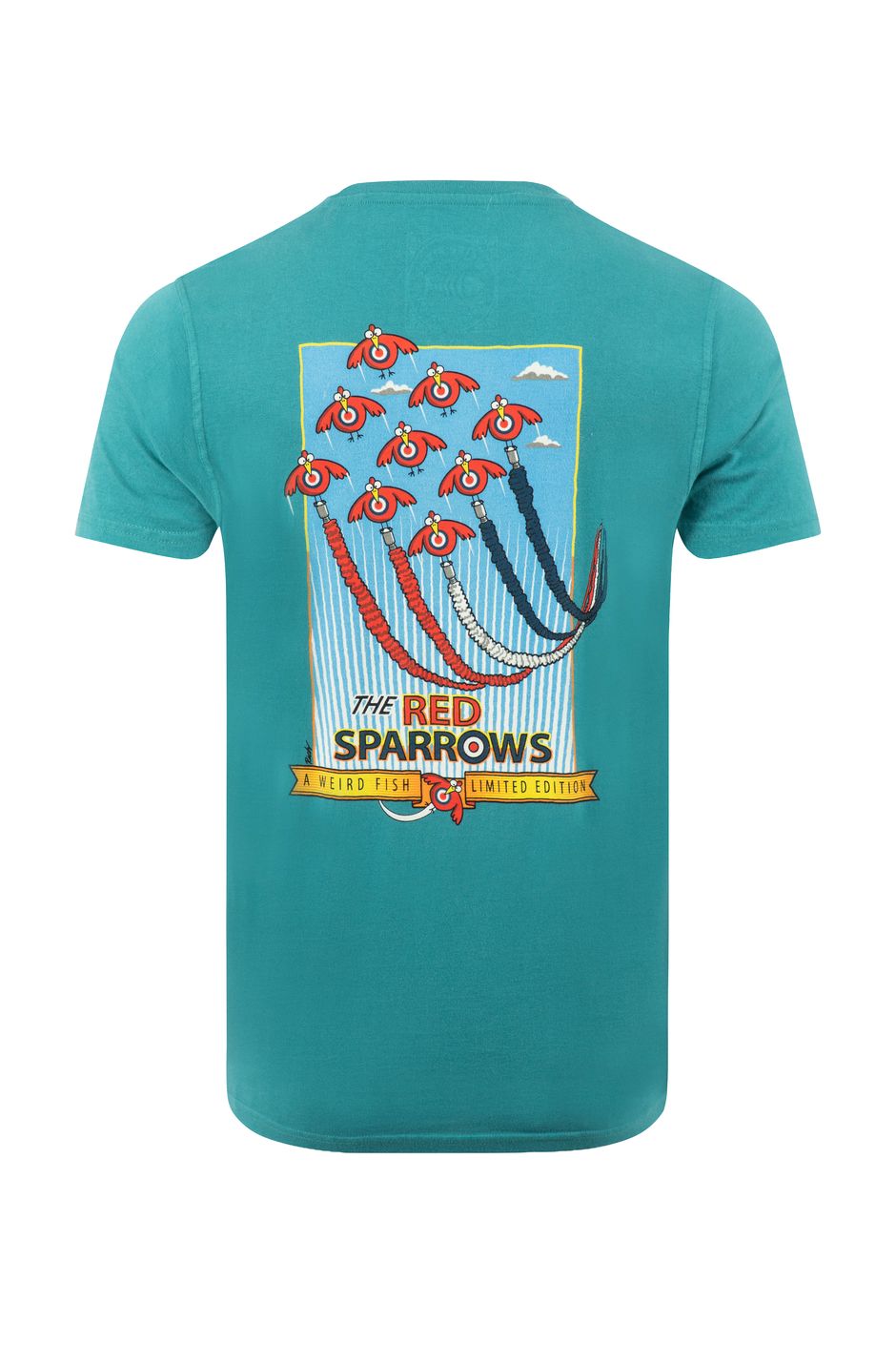 Red Sparrows Back Print Artist T-Shirt Deep Teal | Weird Fish