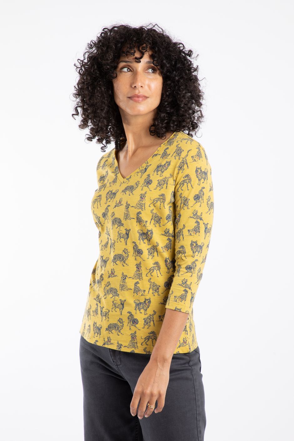 Laveda 3/4 Sleeve Printed V Neck T-Shirt Tarragon | Weird Fish