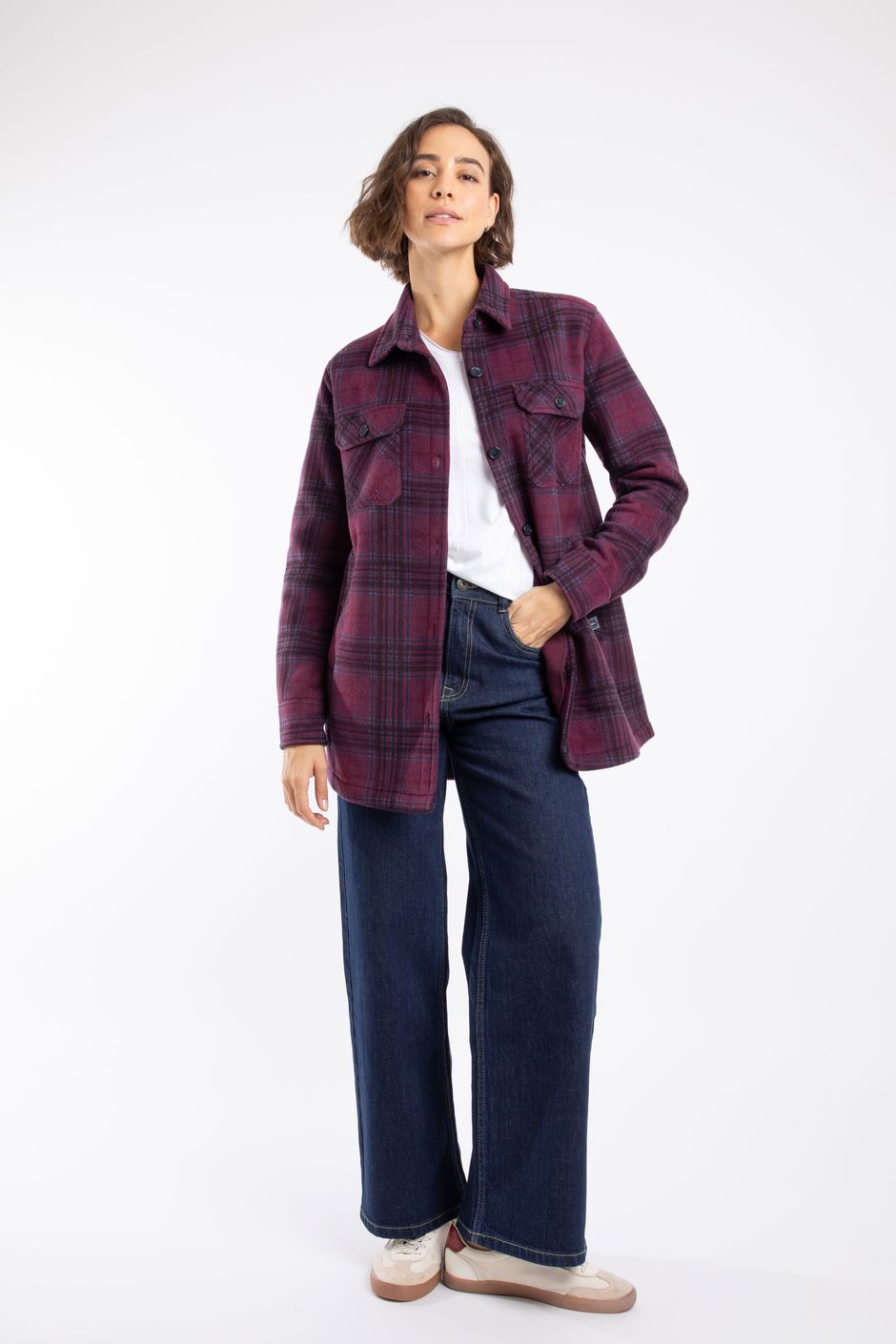 Autumn Check Fleece Shacket Aubergine | Weird Fish