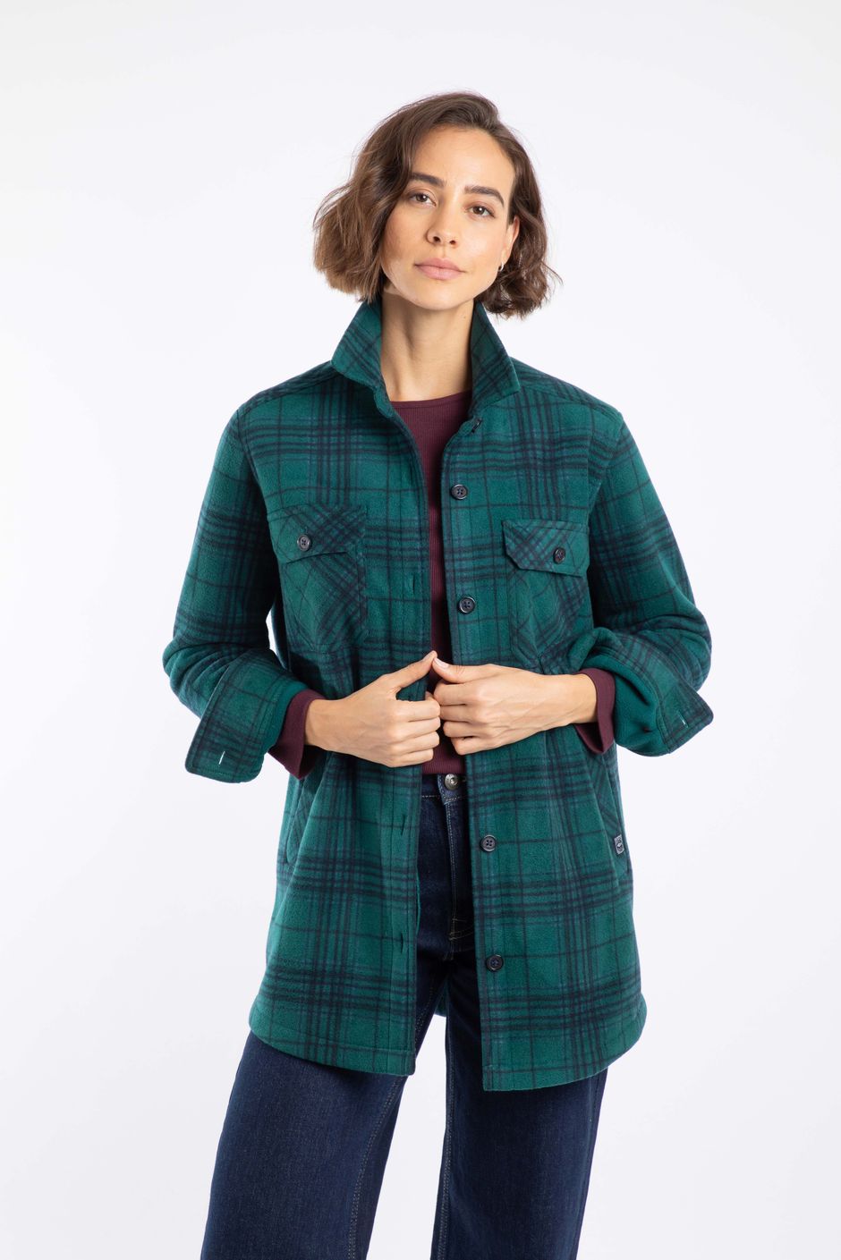Autumn Check Fleece Shacket Cedar Green | Weird Fish