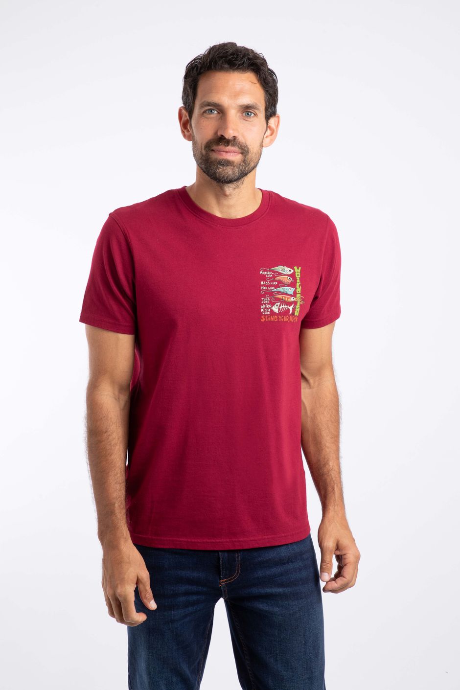 Sling Your Hook Back Print Artist T-Shirt Garnet | Weird Fish