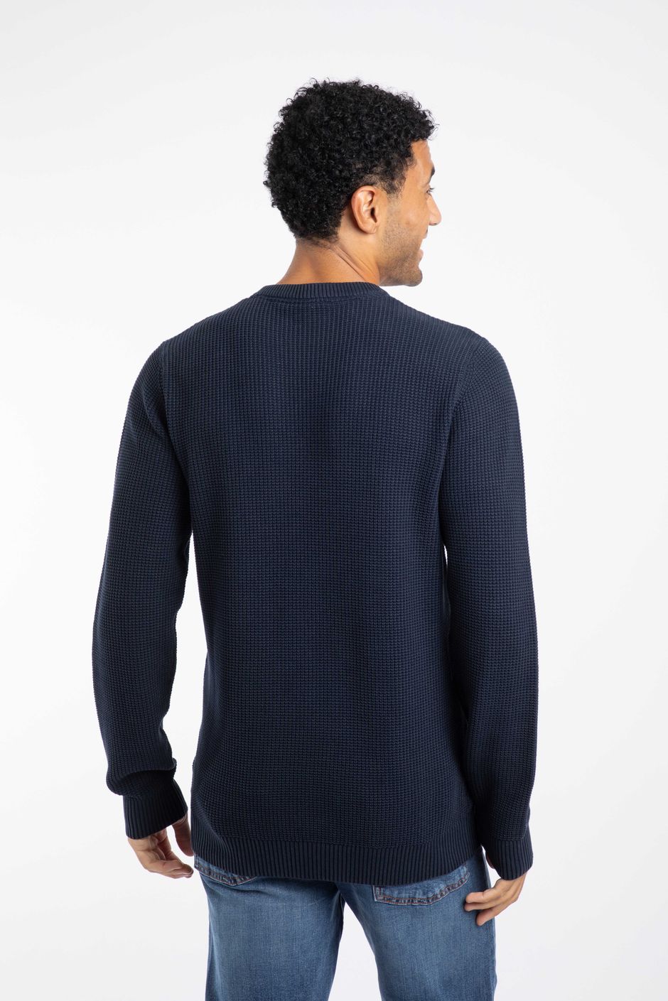 Easton Waffle Crew Neck Jumper Navy | Weird Fish