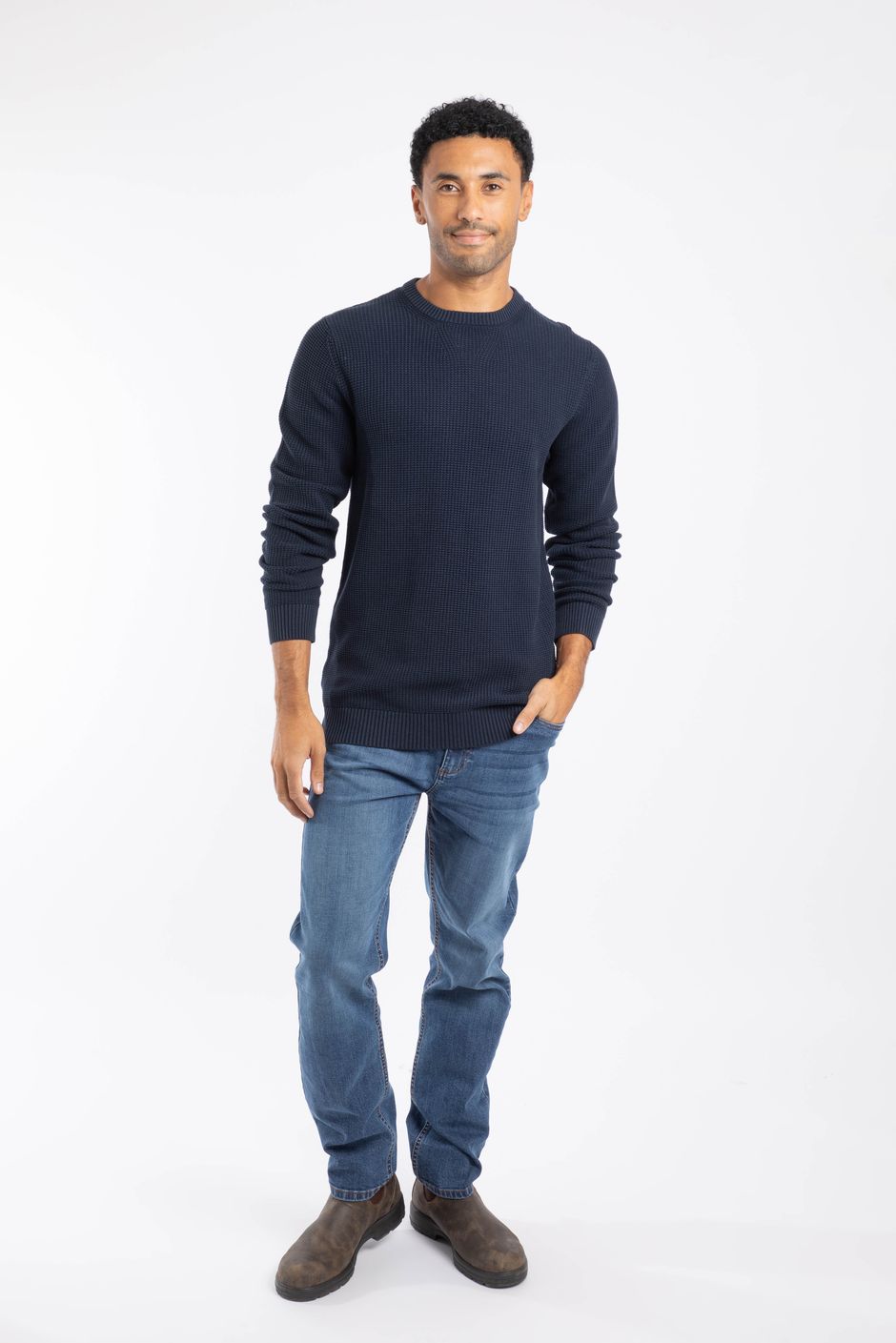 Easton Waffle Crew Neck Jumper Navy | Weird Fish