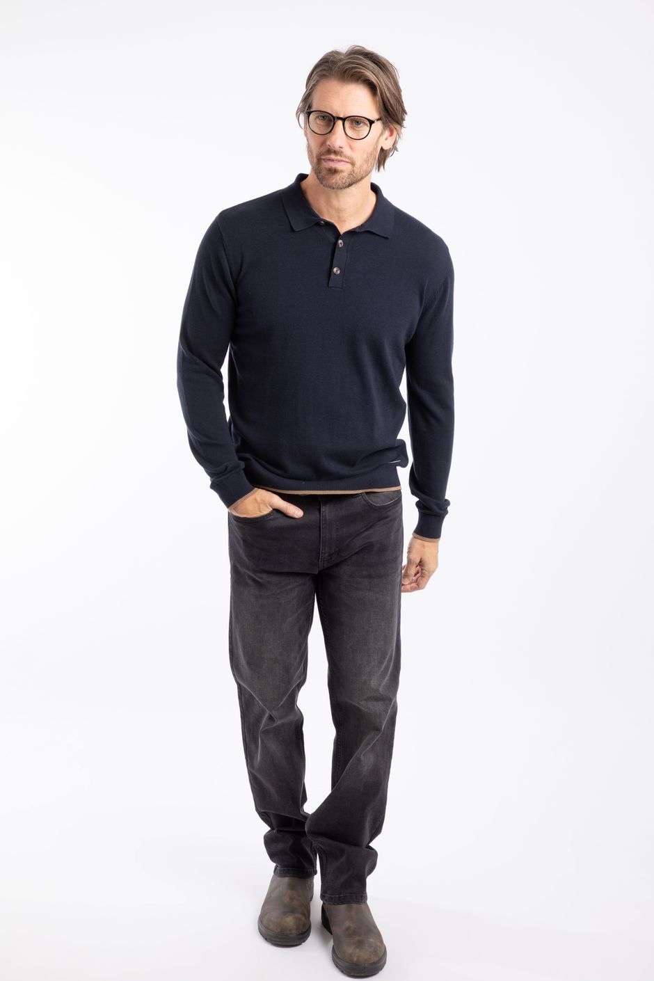 Alden Long Sleeve Knitted Polo Midnight | Weird Fish