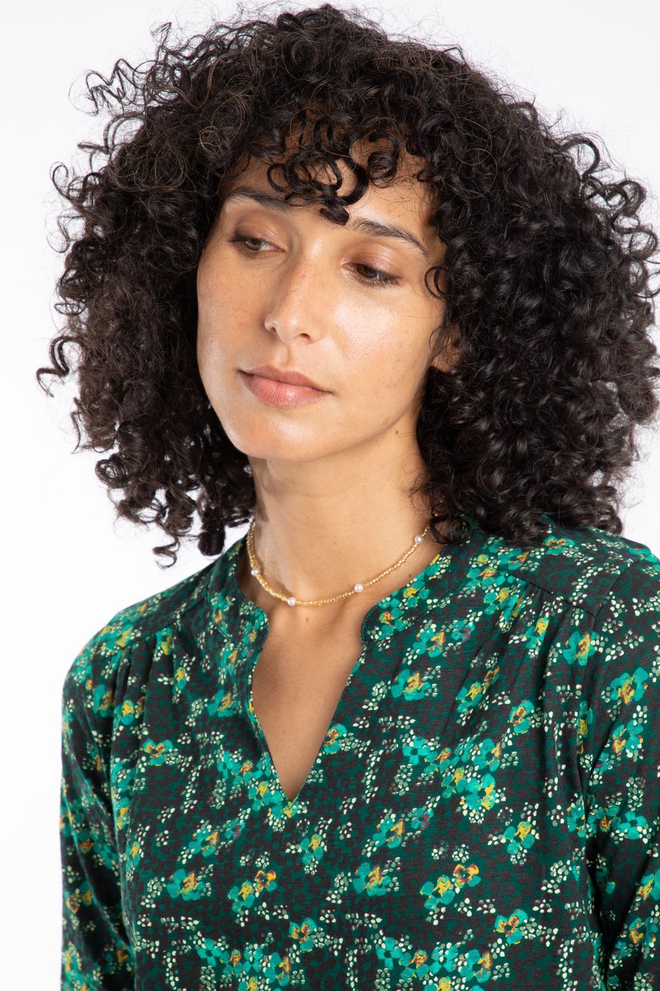 Brooke Organic Cotton Printed V Neck Jersey Top Forest Night | Weird Fish