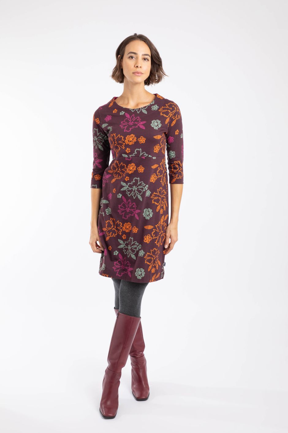 Shafika Organic Cotton Printed Jersey Dress Mulled Wine | Weird Fish