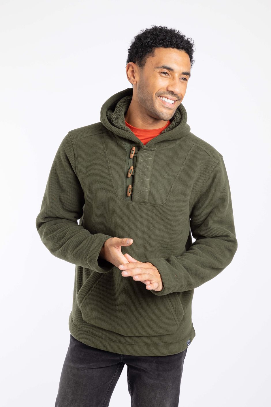 Inglewood Button Neck Grid Fleece Hoodie Fir Green | Weird Fish