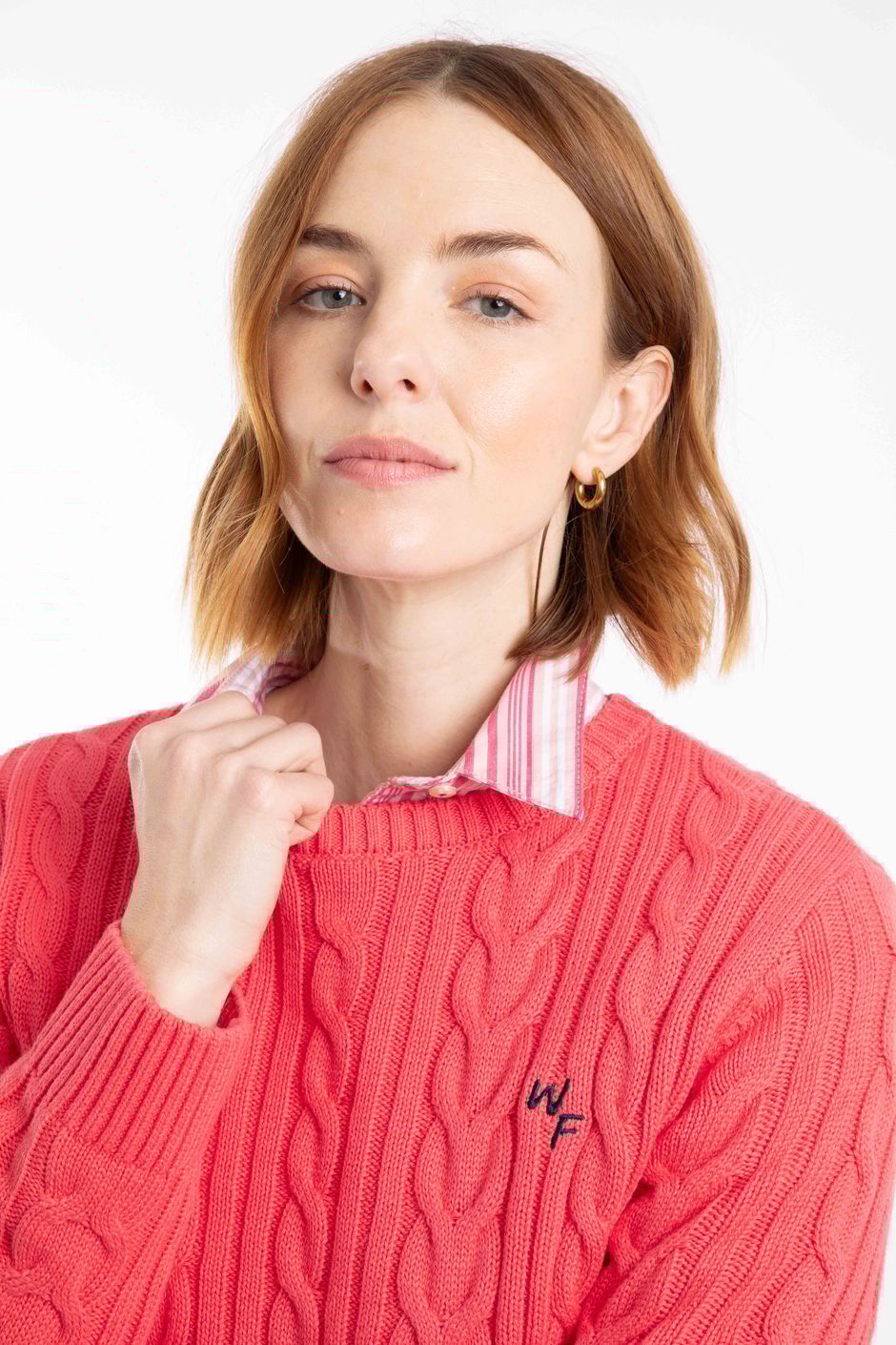 Amberise Crew Neck Cable Knit Jumper Flamingo | Weird Fish