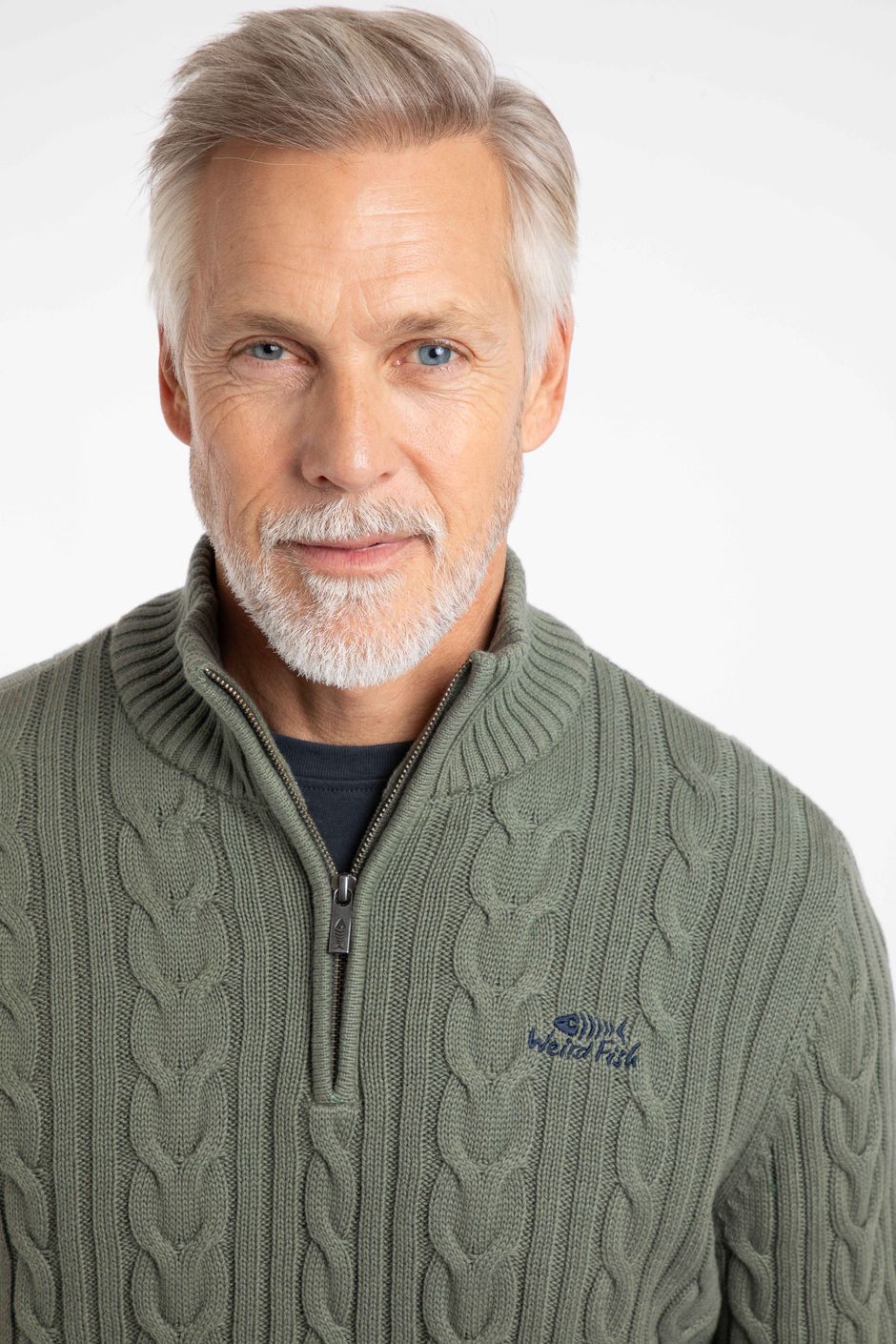 Heath 1/4 Zip Cable Knit Jumper Woodland Sage | Weird Fish