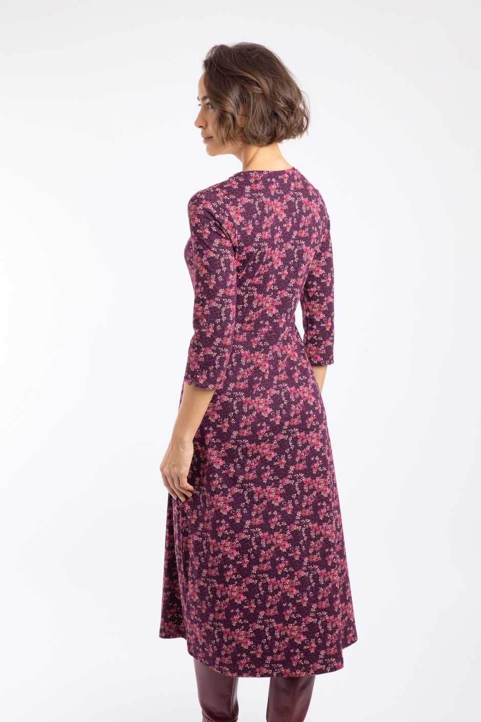 Felicity Organic Cotton Printed Jersey Midi Dress Purple Wine | Weird Fish