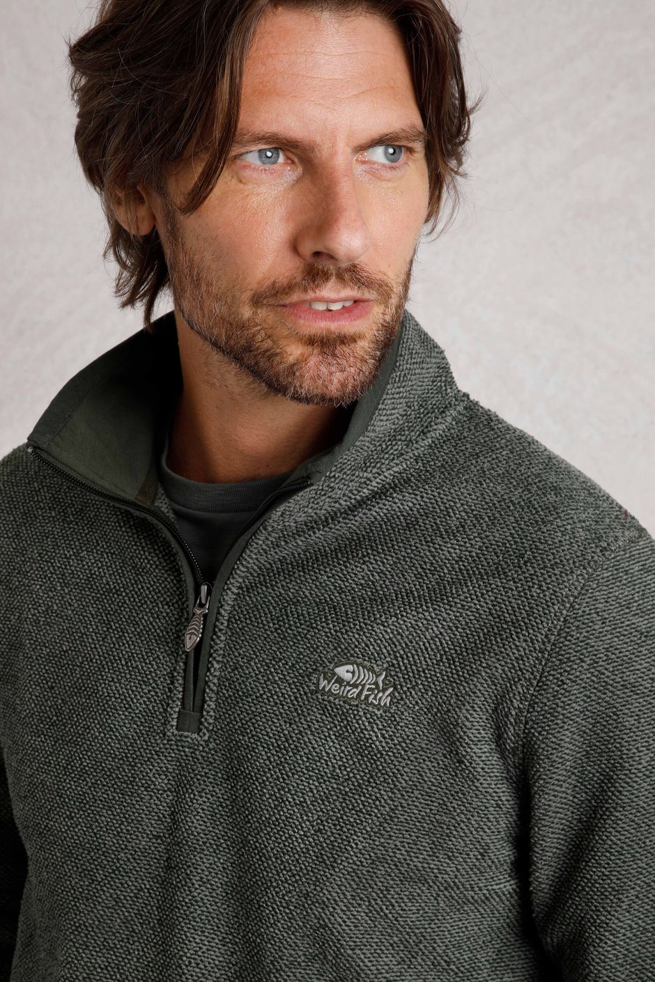 Errill Eco 1/4 Zip Textured Fleece Deep Lichen Green | Weird Fish